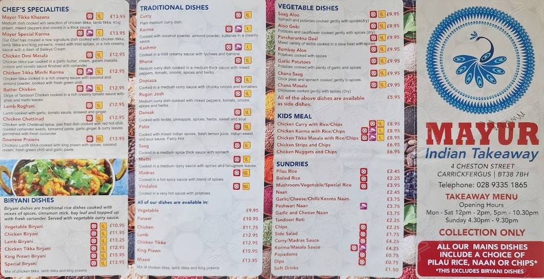 Menu at Mayur Indian Restaurant, Carrickfergus