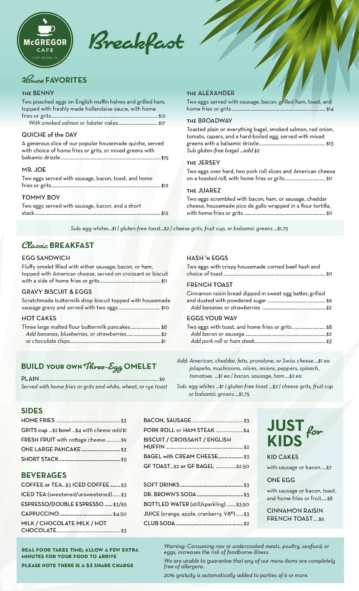 Menu at McGregor Cafe, Fort Myers, McGregor Blvd