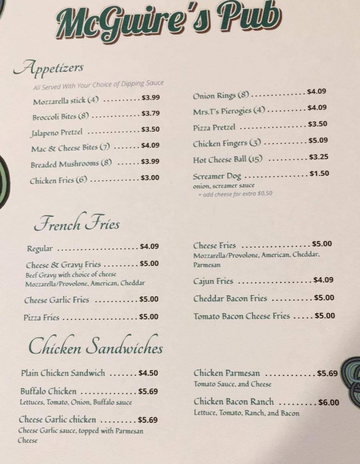 Menu at McGuire’s Pub, Mahanoy City