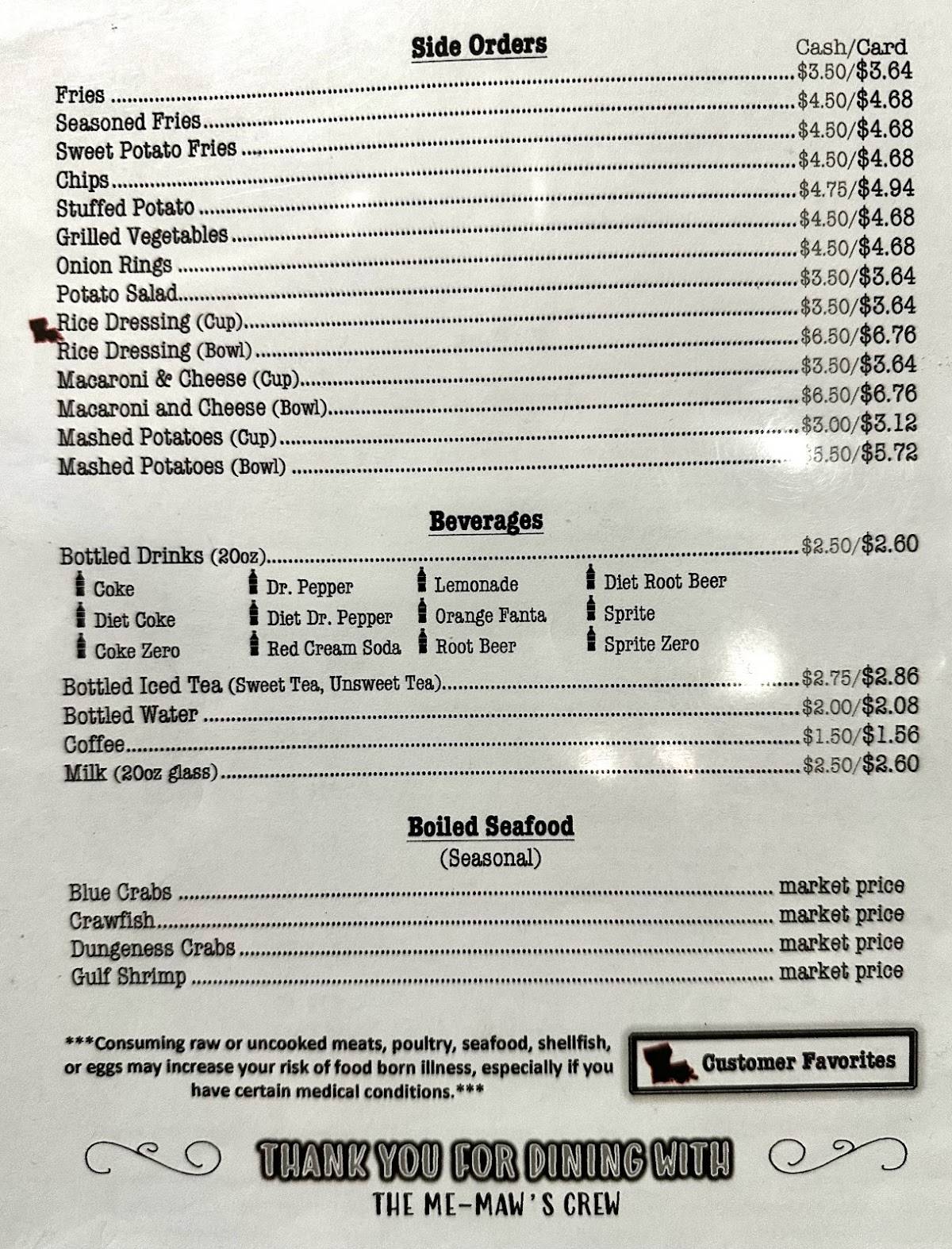 Menu at Me-Maw's Cajun Cuisine BBQ, Golden Meadow
