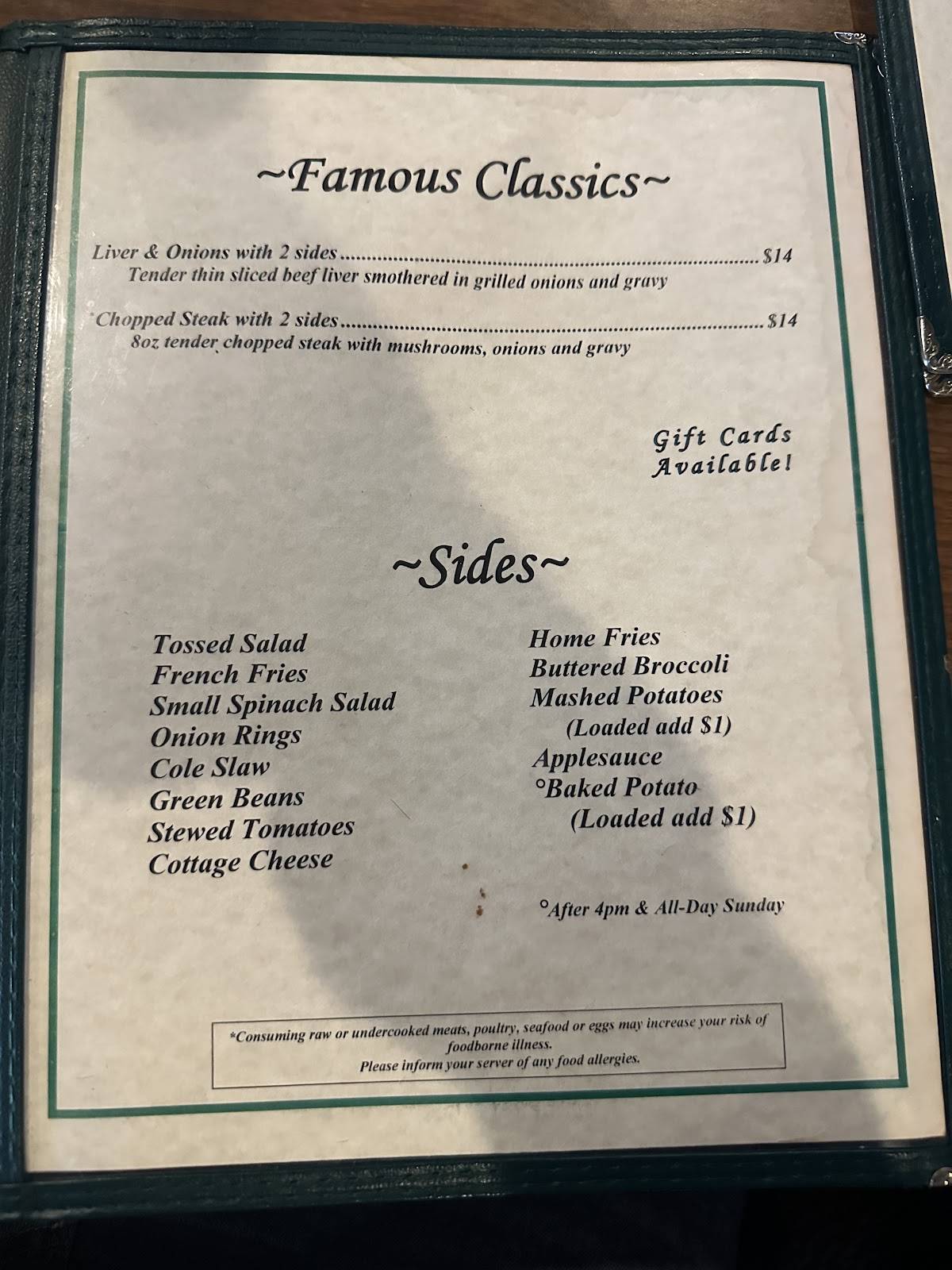 Menu at Meadows Restaurant, Springfield