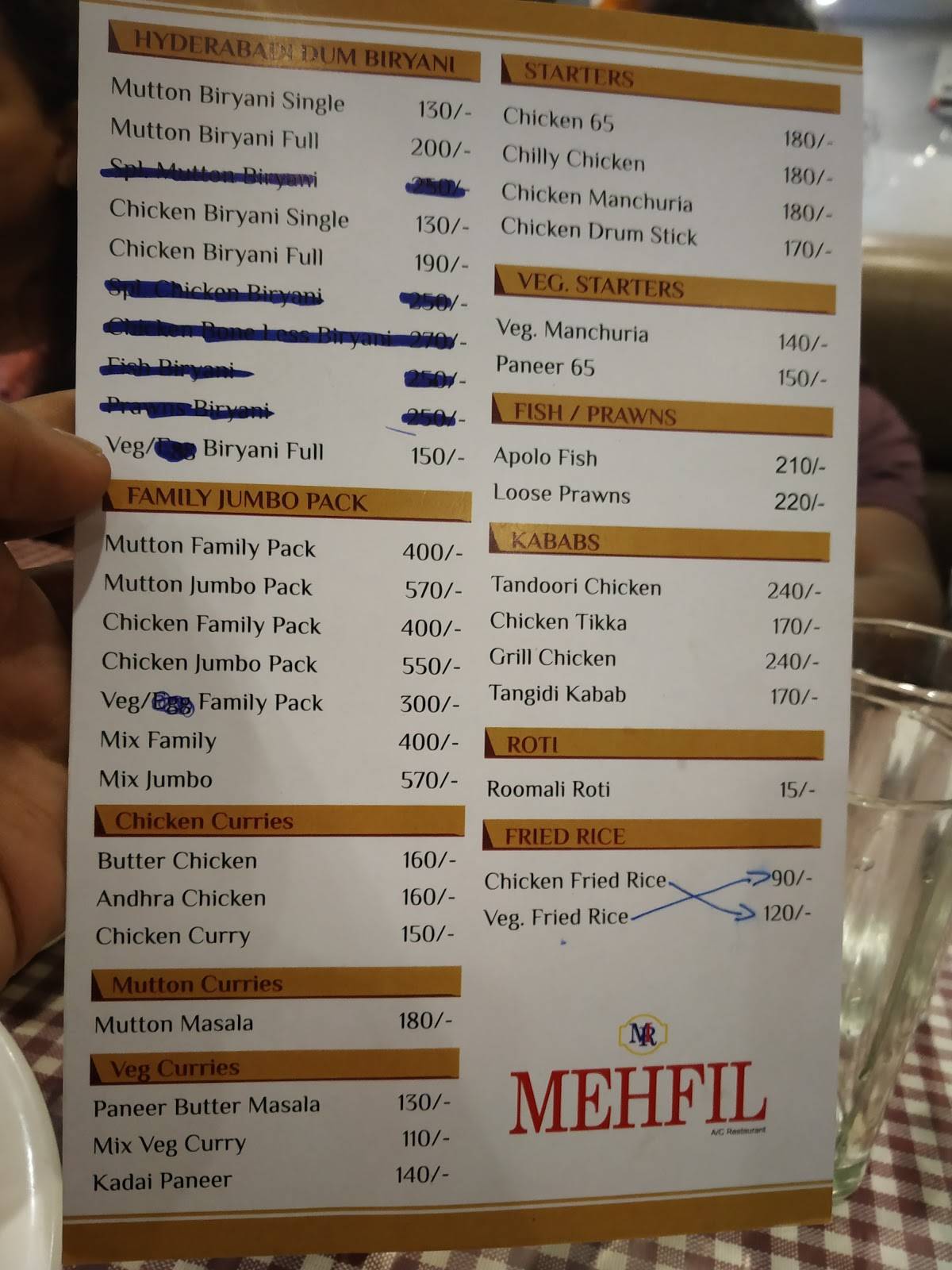 Menu at Mehfil, Hyderabad, Chikkadpalli Rd