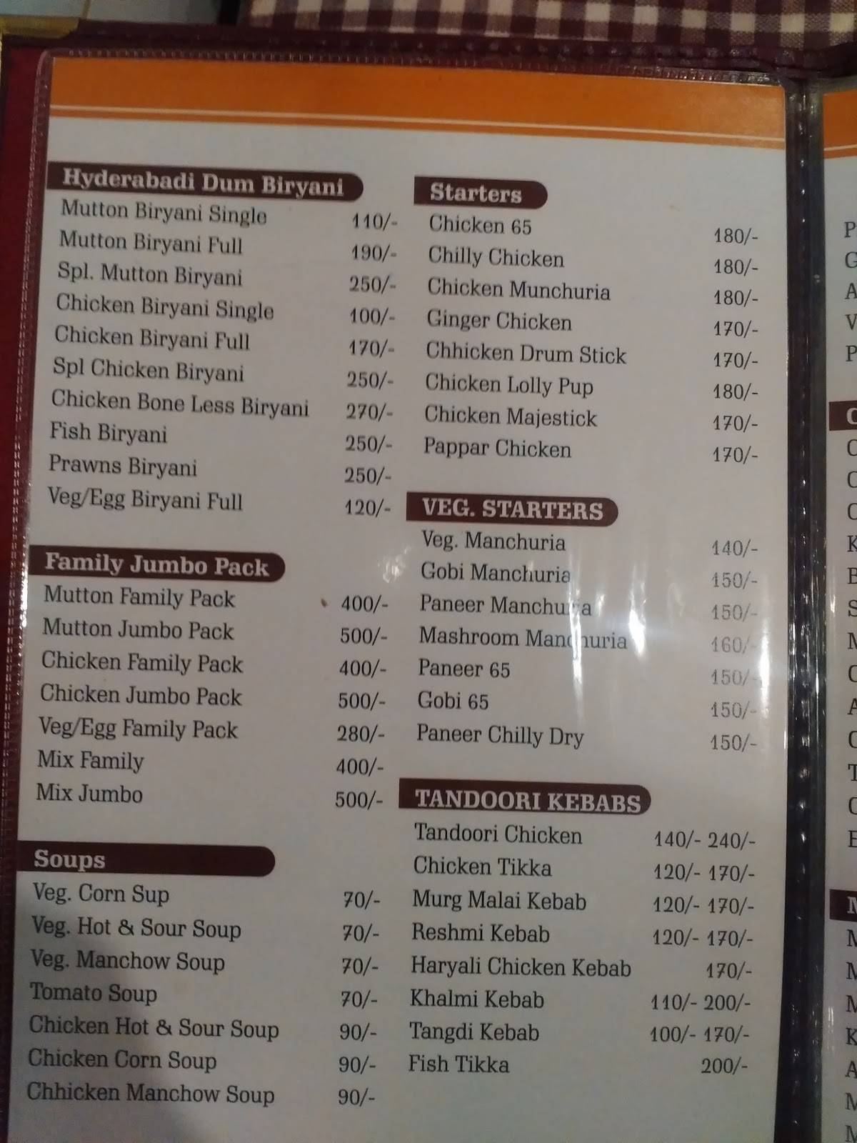 Menu at Mehfil, Hyderabad, Chikkadpalli Rd