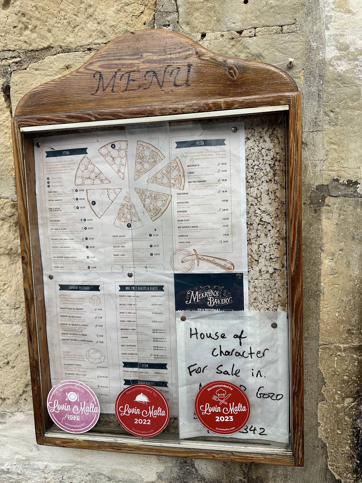 Menu at Mekren's Bakery, Nadur