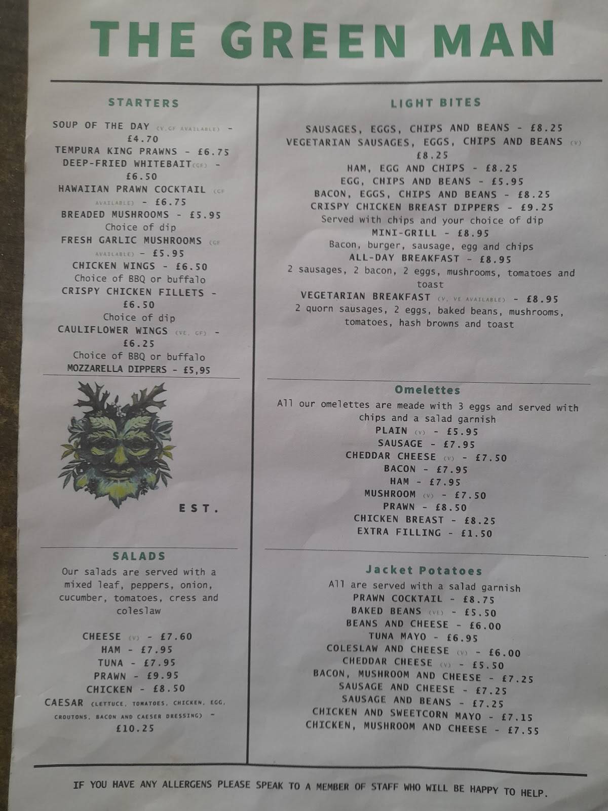 Menu at The Green Man pub & bar, Melbourn, Dunsbridge Turnpike