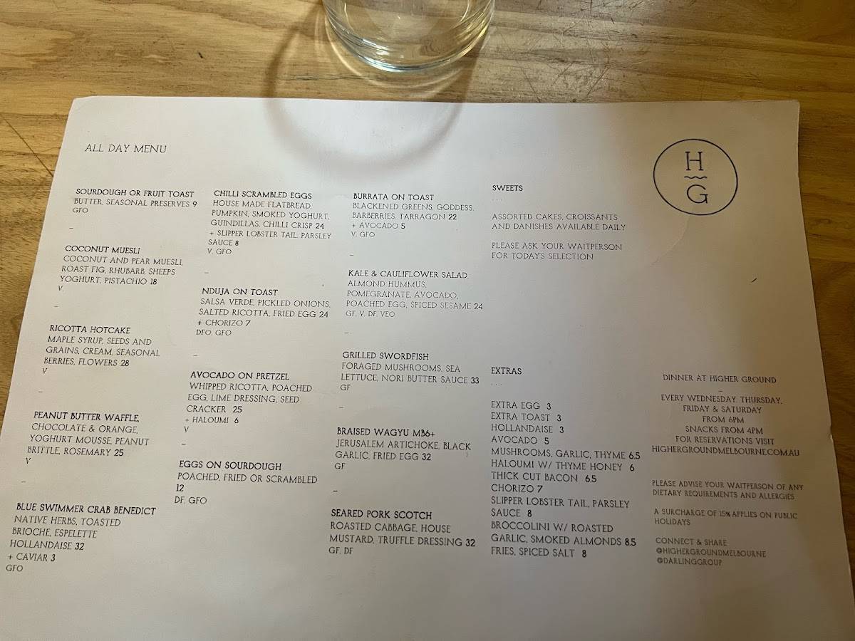 Menu at Higher Ground cafe, Melbourne