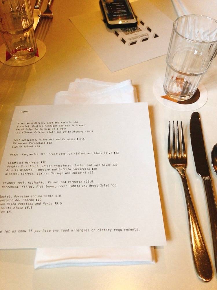 Menu at Lupino restaurant, Melbourne