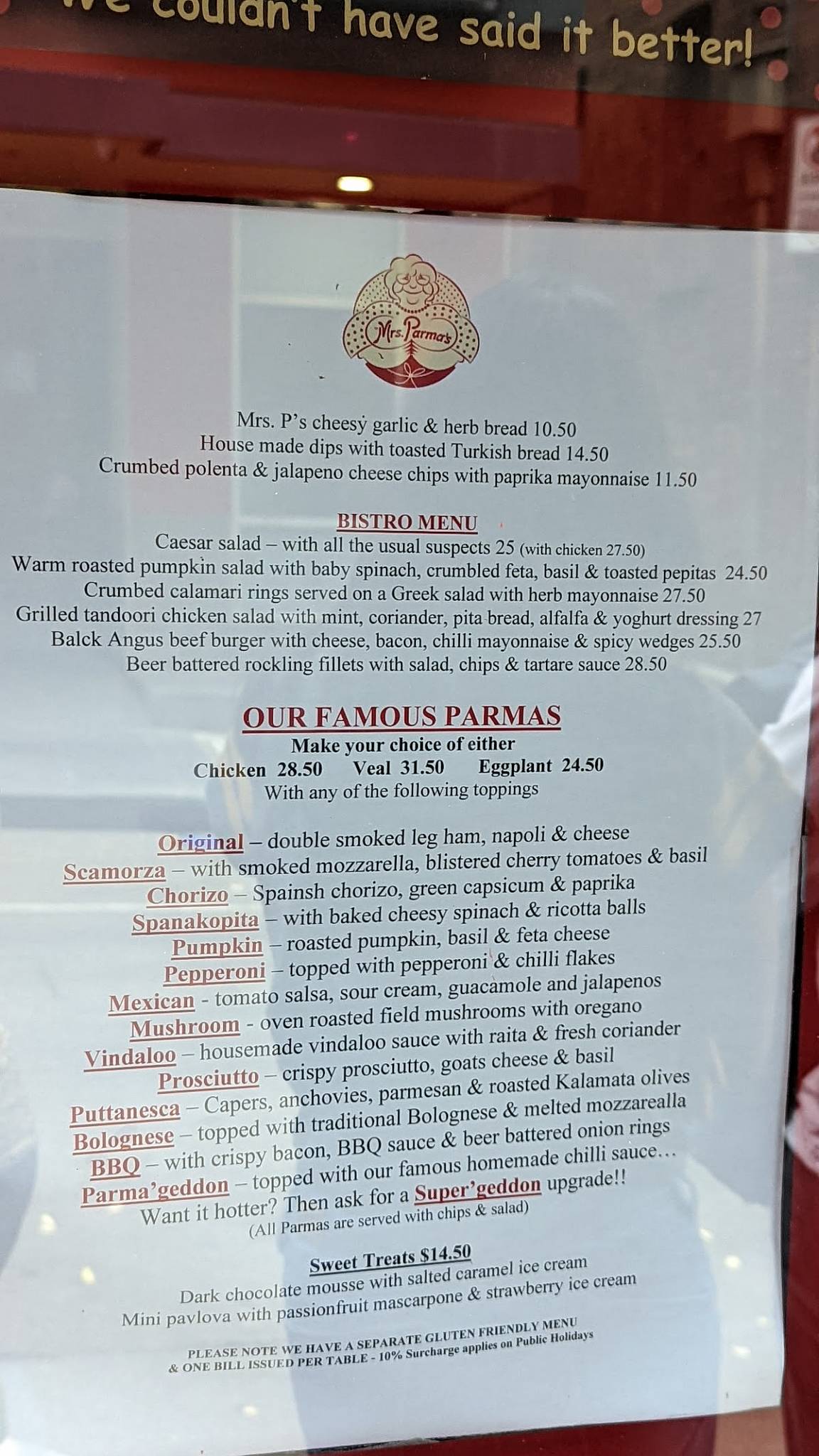 Menu at Mrs Parma's - Victorian microbew bar/ bistro, Melbourne