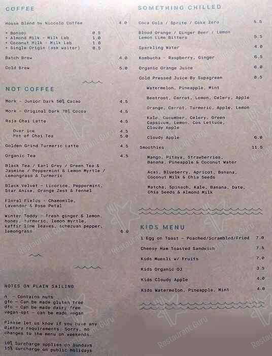 Menu at Plain Sailing Elwood cafe, Elwood