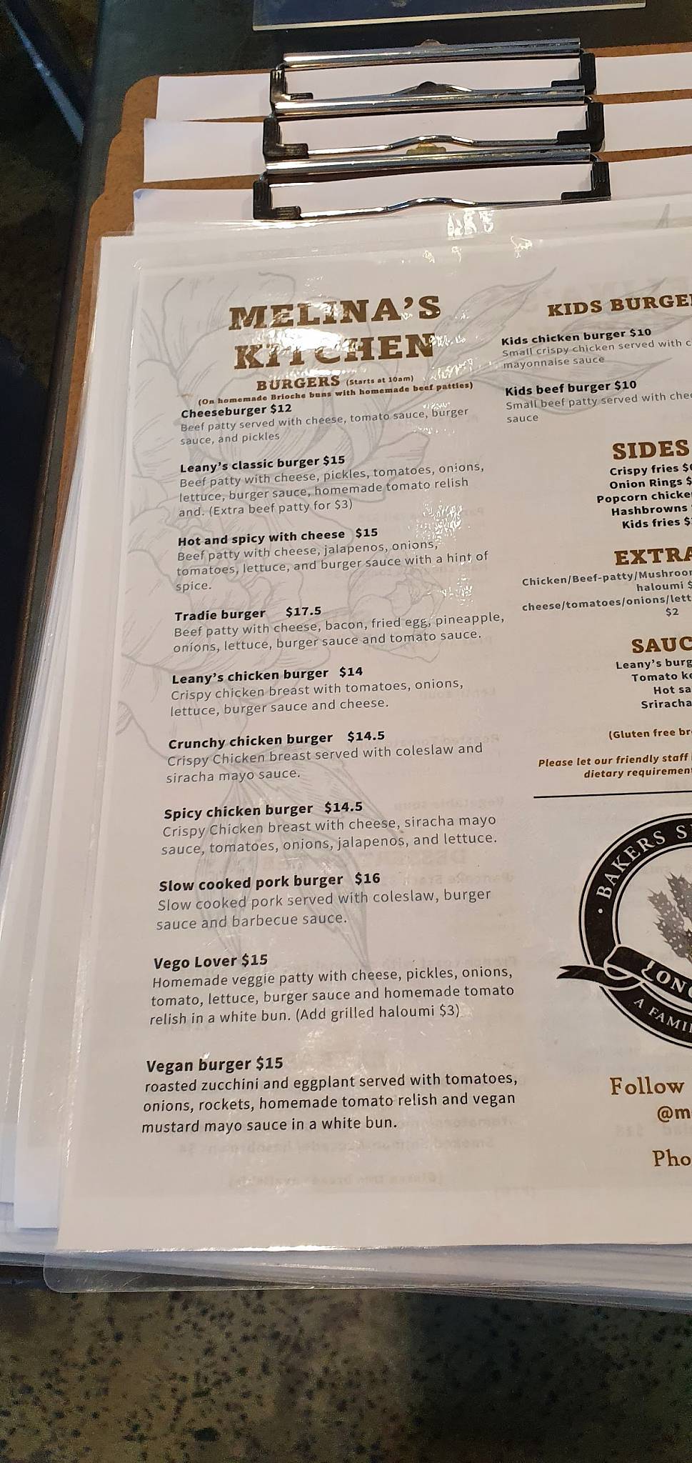 Menu at Melina’s Kitchen cafe, Oakleigh