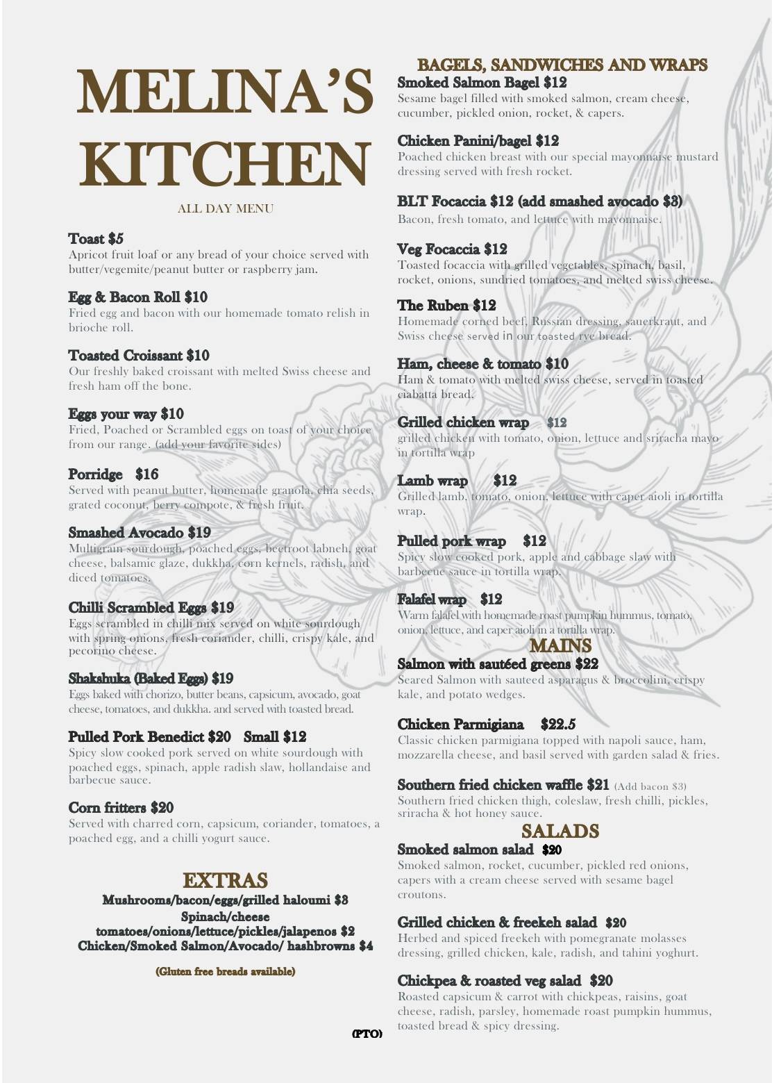 Menu at Melina’s Kitchen cafe, Oakleigh
