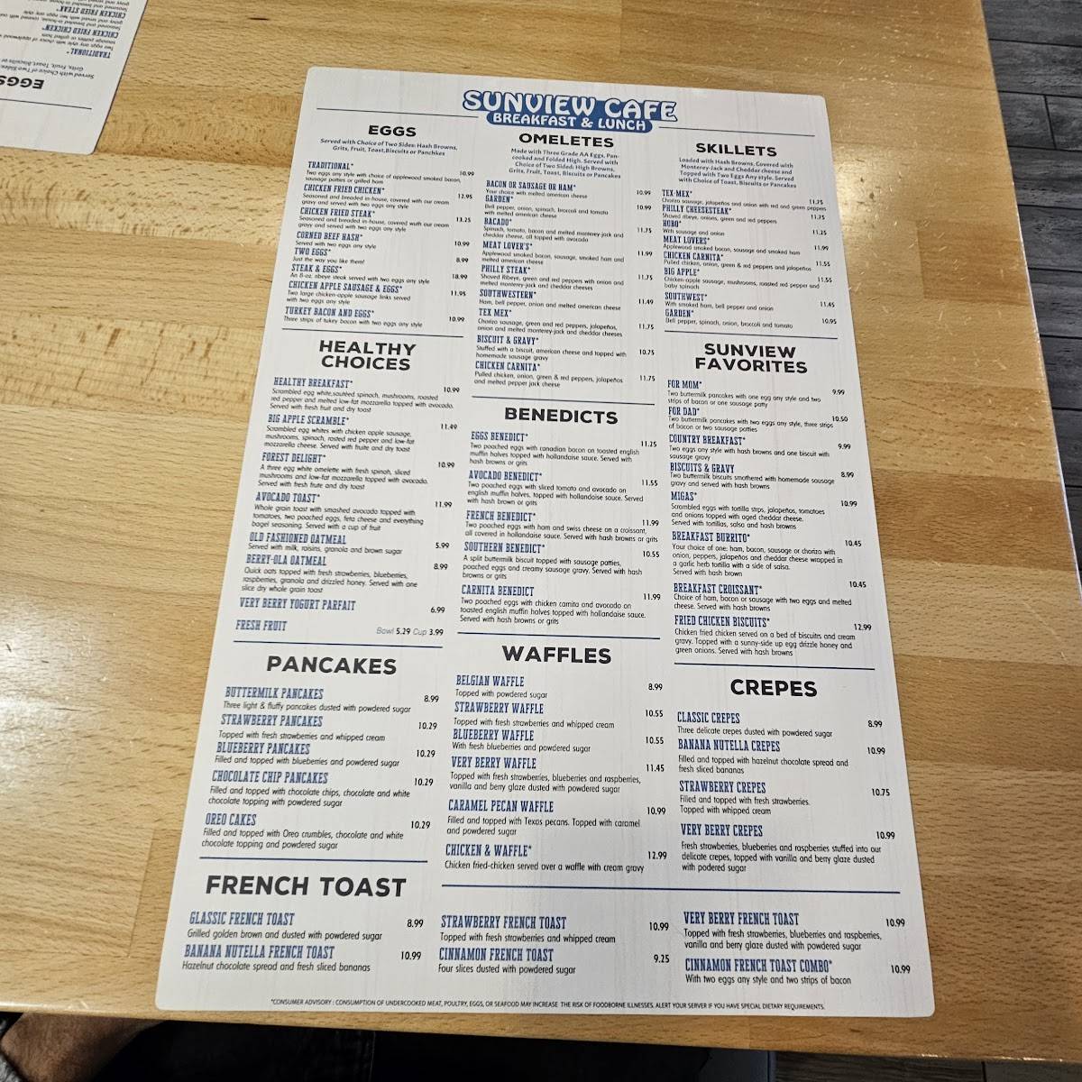 Menu at Sunview Cafe, Melissa