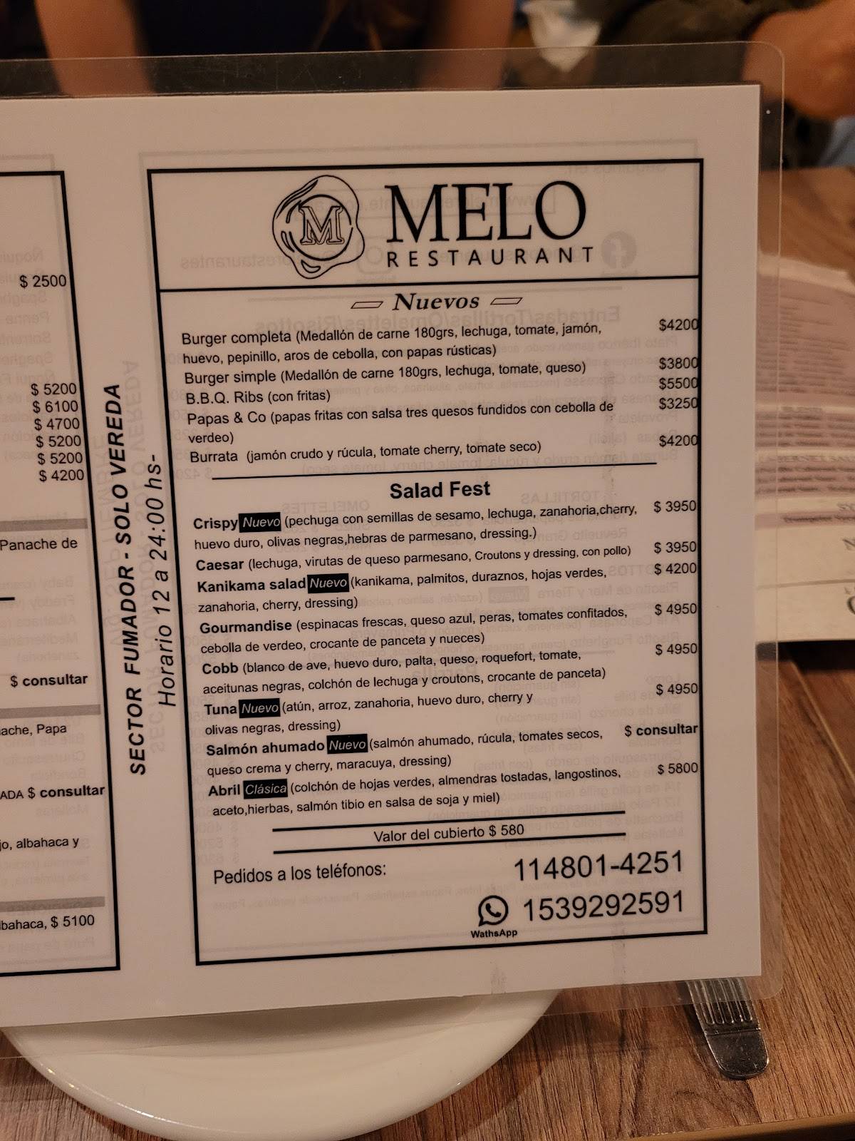 Carta del restaurante Melo, Buenos Aires, José Andrés Pacheco del Melo 1833