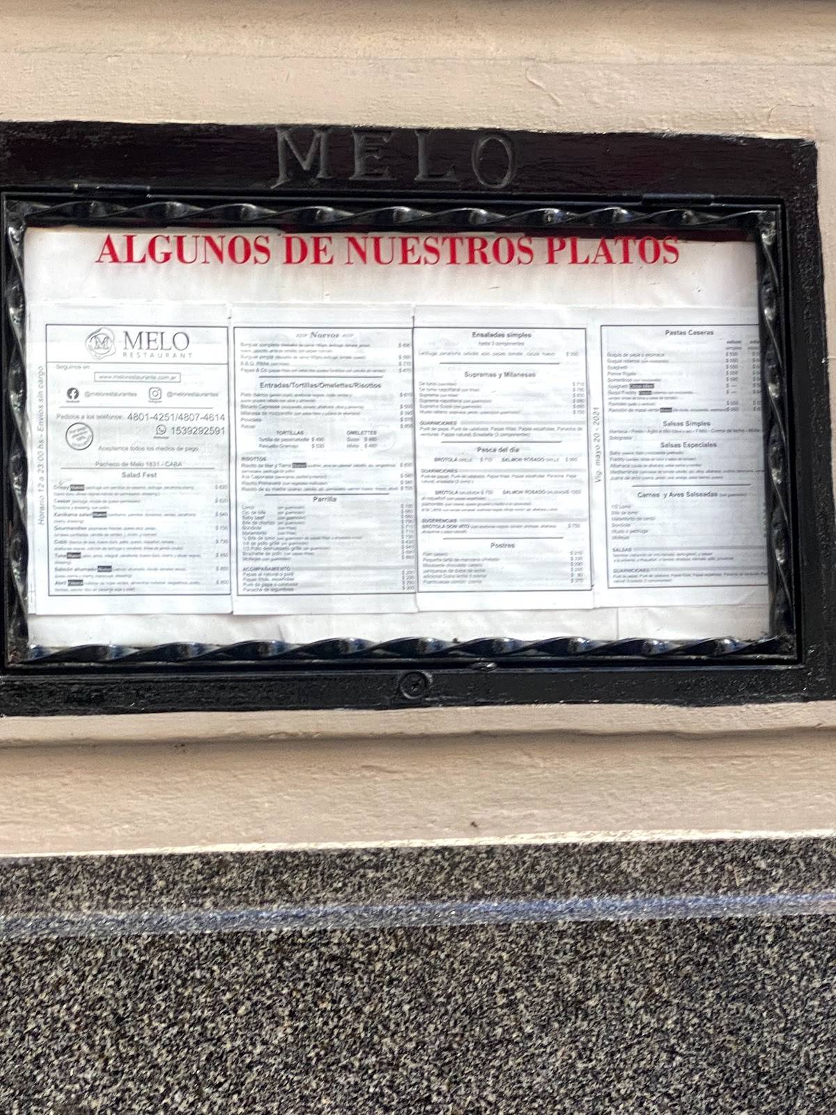 Carta del restaurante Melo, Buenos Aires, José Andrés Pacheco del Melo 1833
