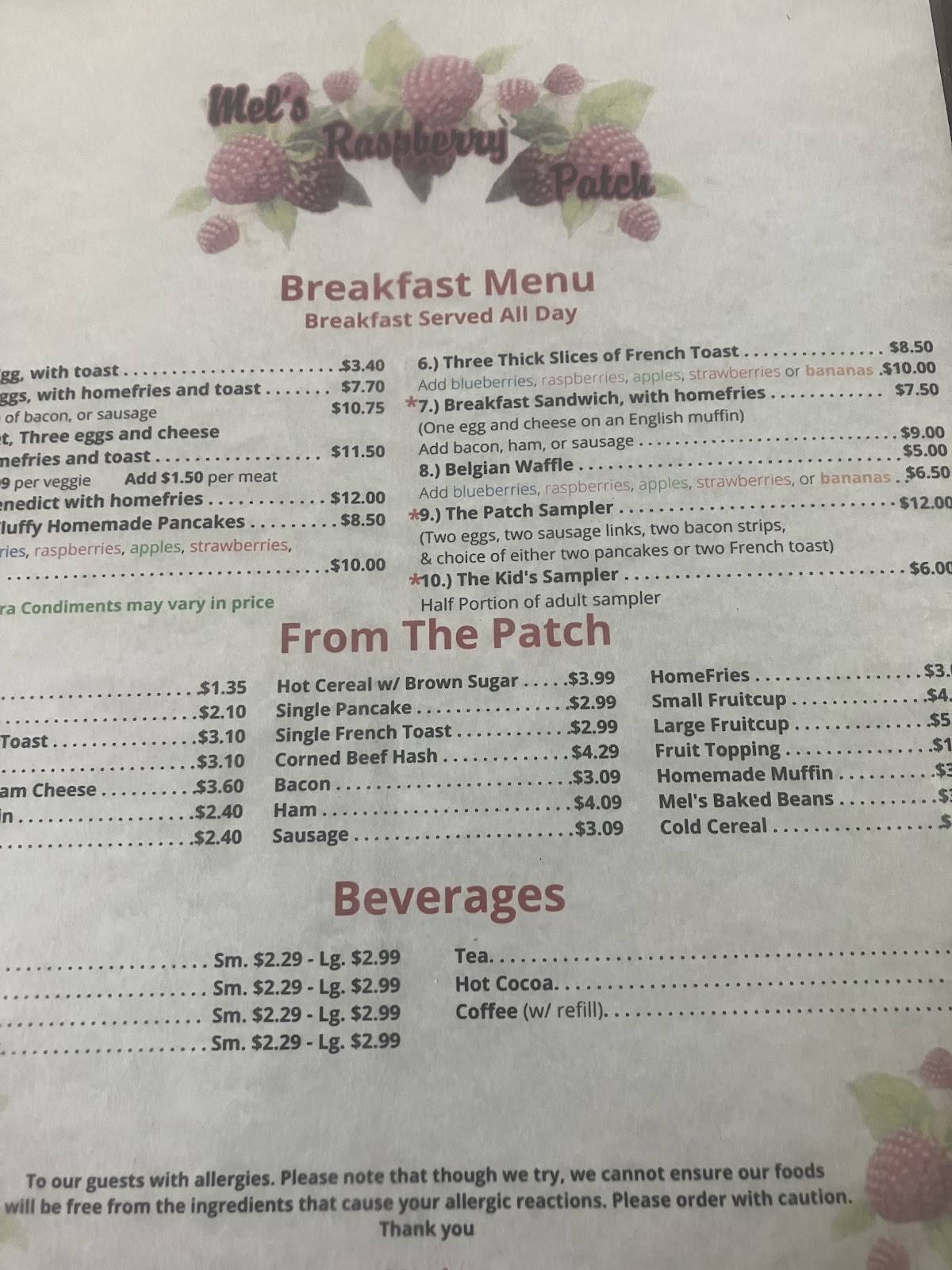 Menu at Mel's Raspberry Patch restaurant, Sanford, 372 Alfred Rd