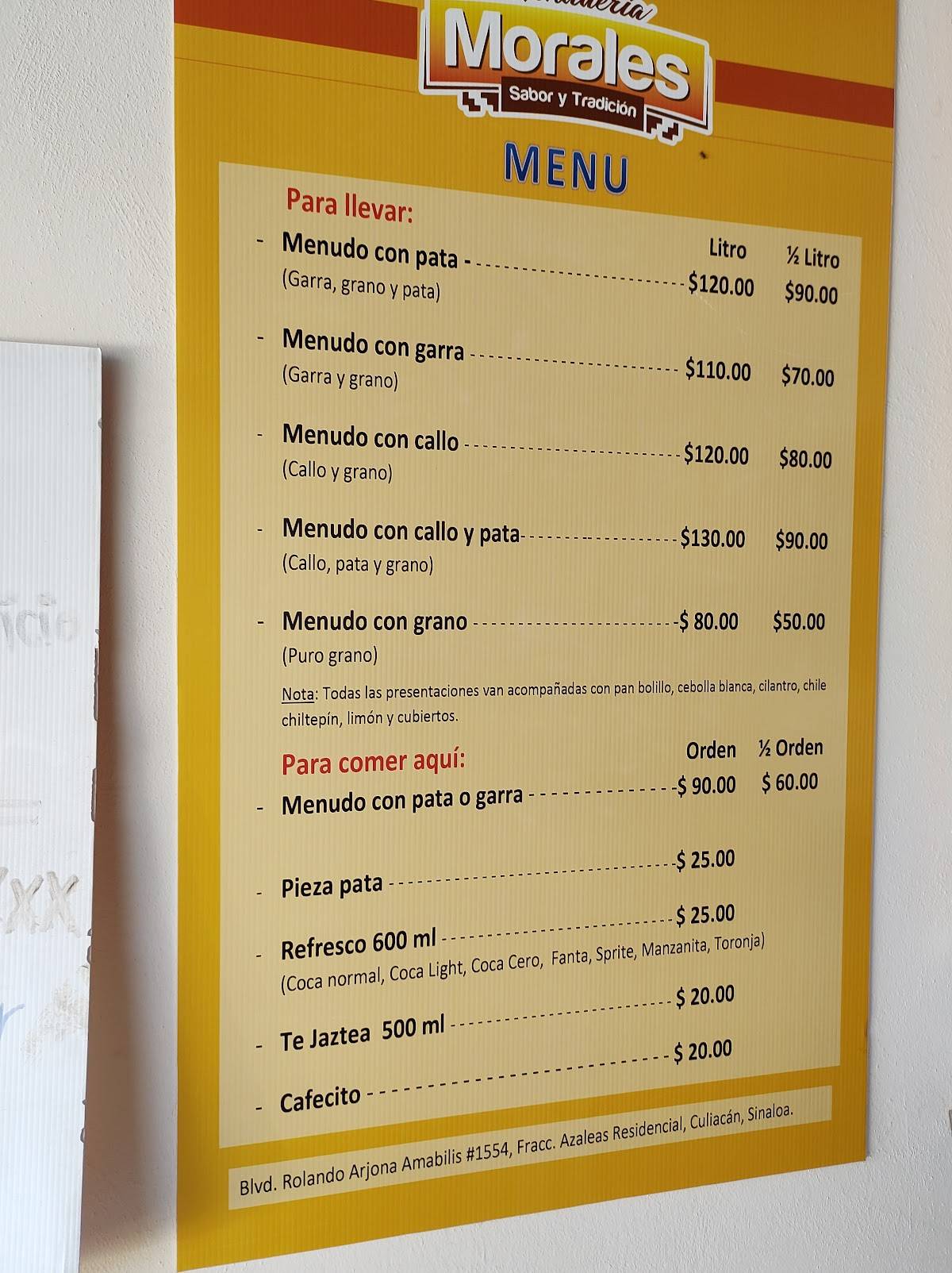 Menu at Menudería Morales restaurant, Culiacán