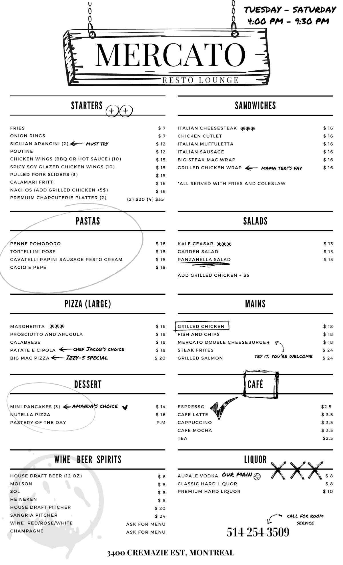 Menu at Mercato Resto Lounge restaurant, Montréal