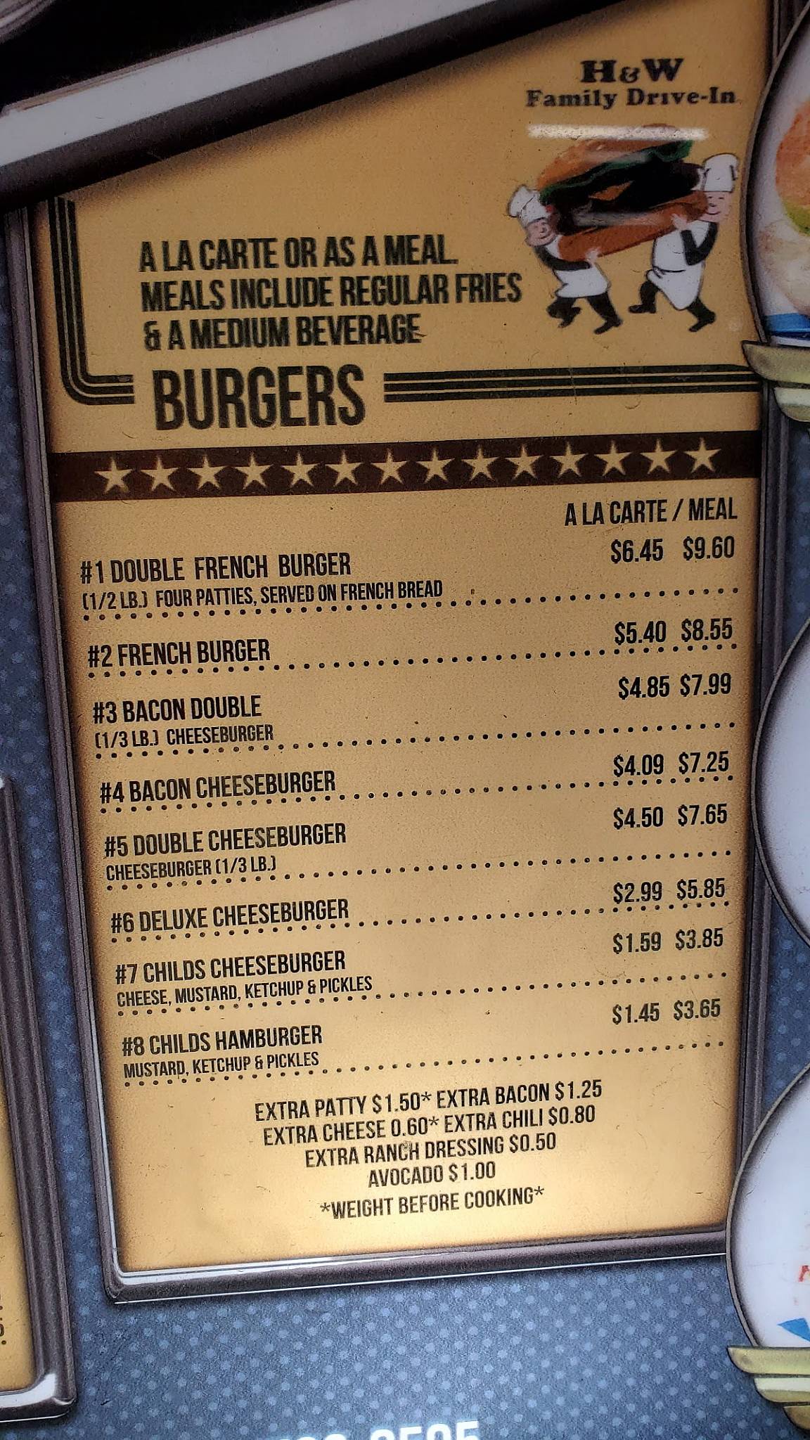 Menu at H & W Drive-In restaurant, Merced