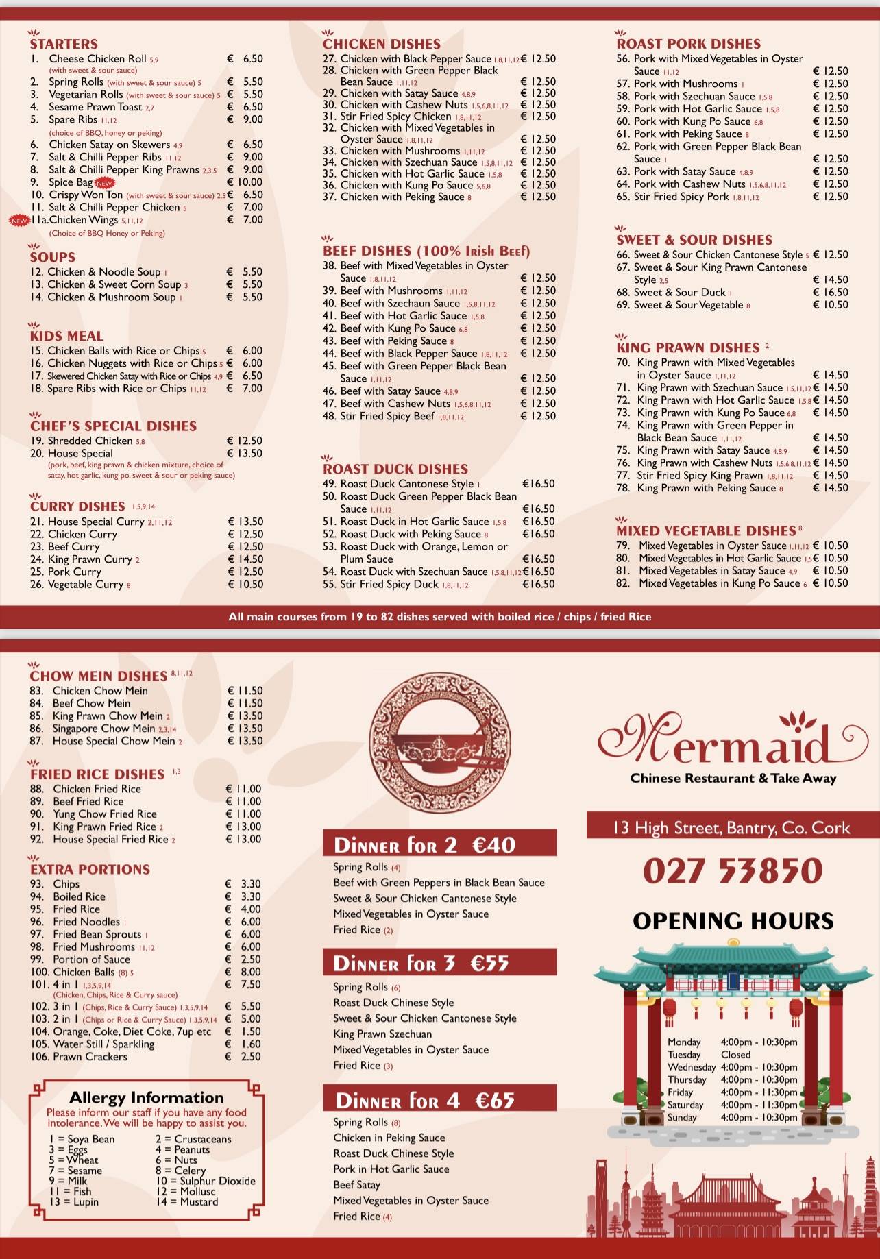 Menu at Mermaid Chinese Restaurant, Bantry