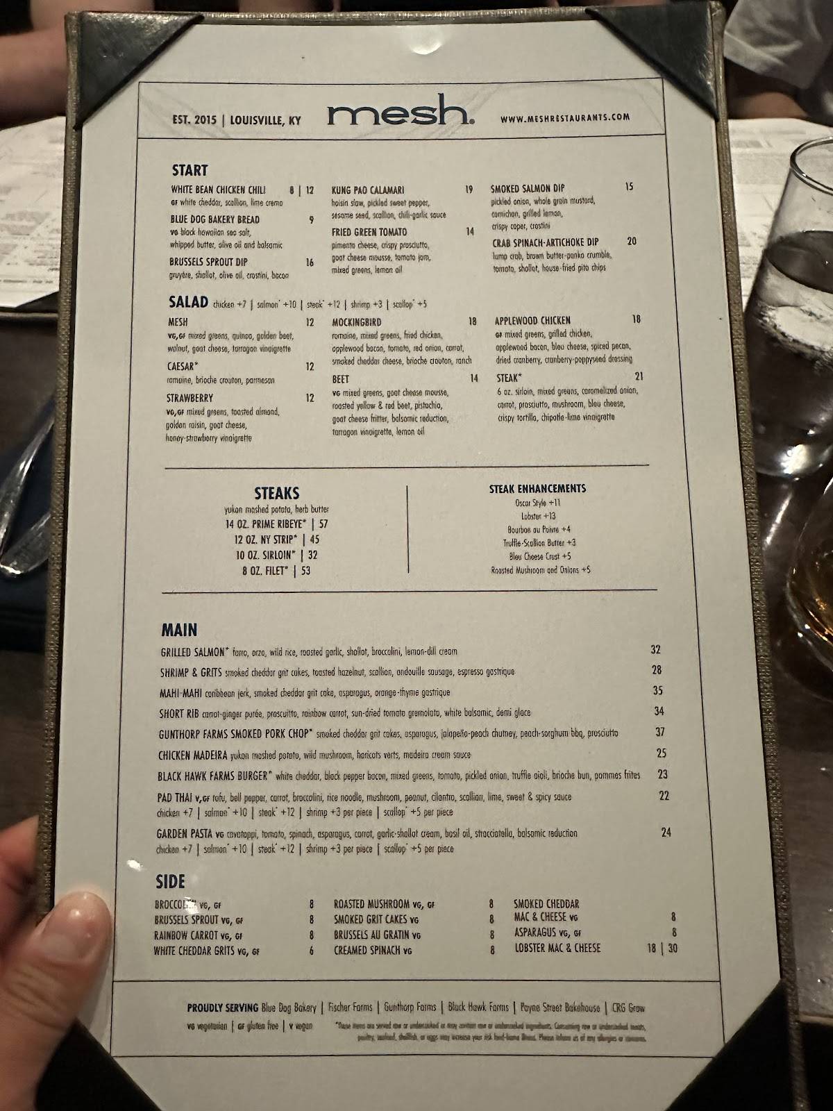 Menu at Mesh Louisville steakhouse, Louisville