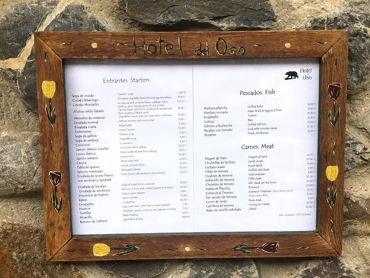 Carta del restaurante Mesón del Oso (Hotel del Oso), Cosgaya
