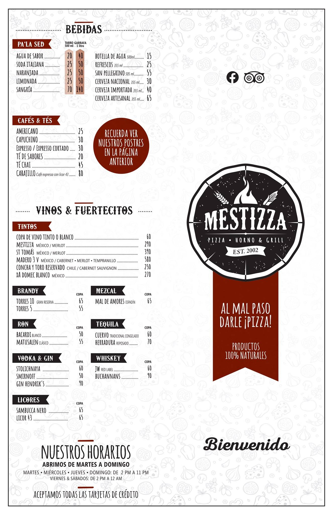 Carta del restaurante Mestizza San Pedro Cholula centró, Heroica Puebla ...