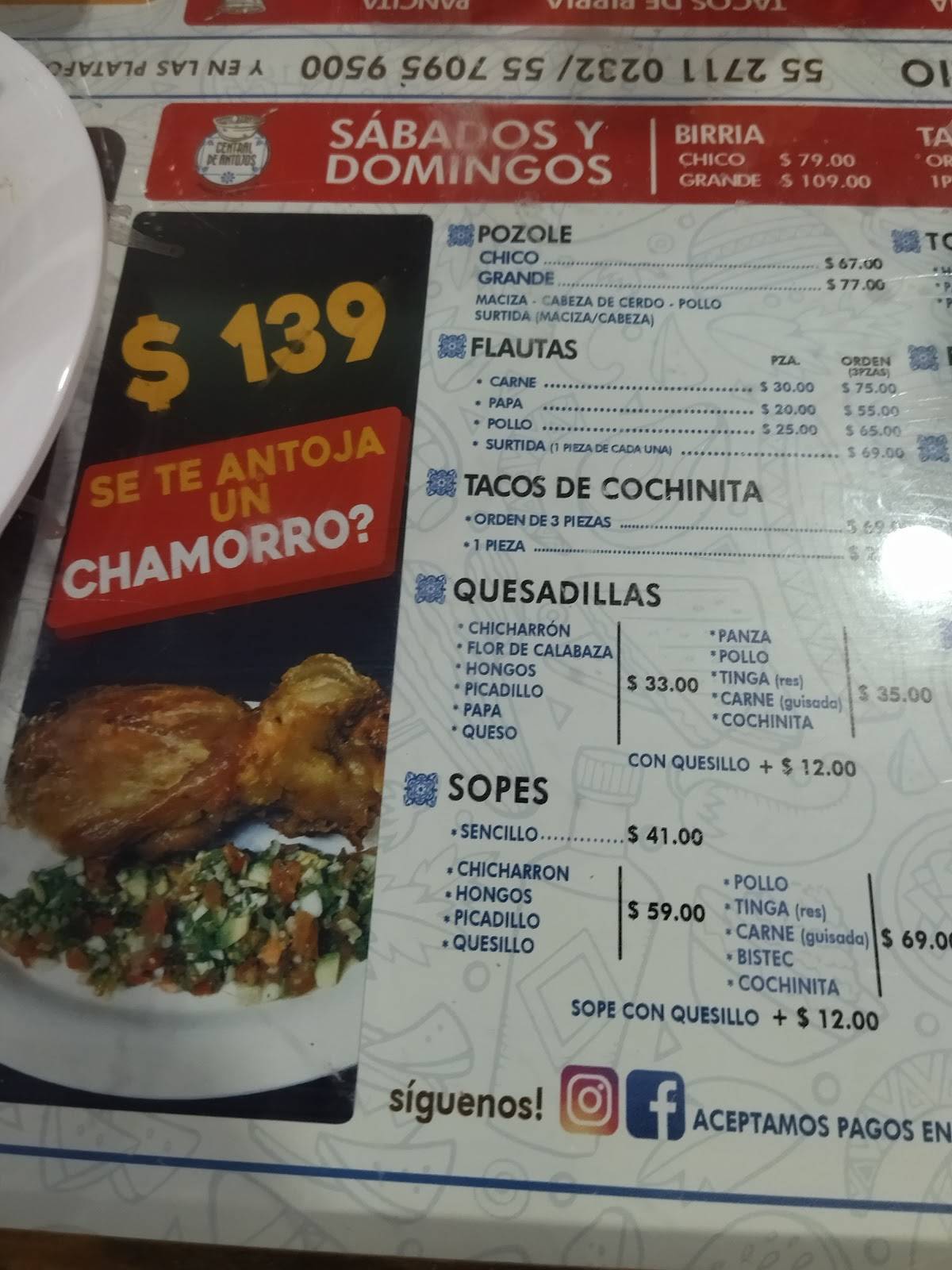 Carta del restaurante Central del Antojos, Ciudad del México