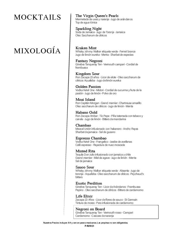 Carta de parrilla Chambao Polanco, Ciudad de México