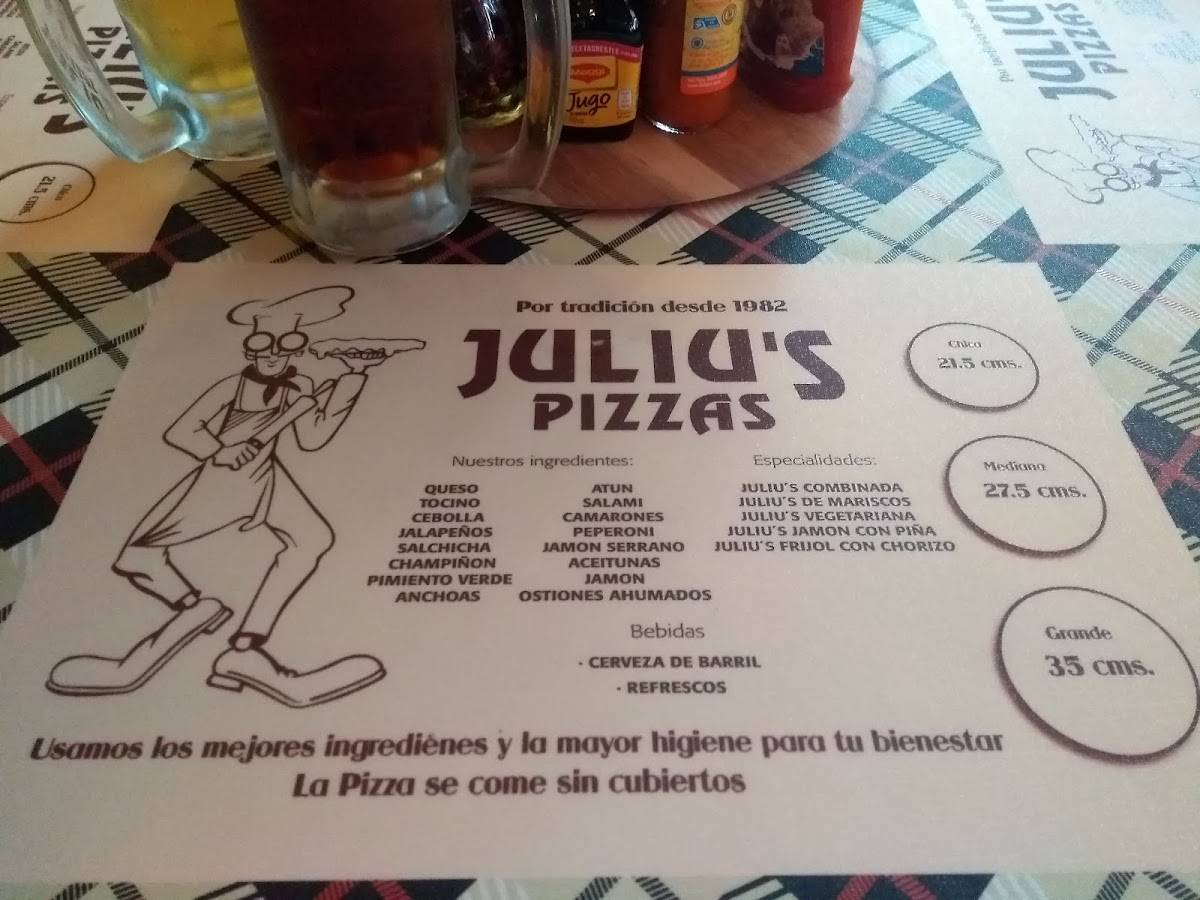 Carta de pizzería Julius Pizzas, Ciudad de México, C. Pilares No. 60