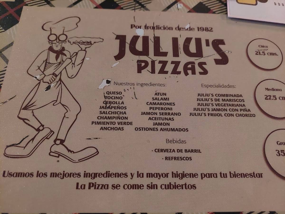 Carta de pizzería Julius Pizzas, Ciudad de México, C. Pilares No. 60