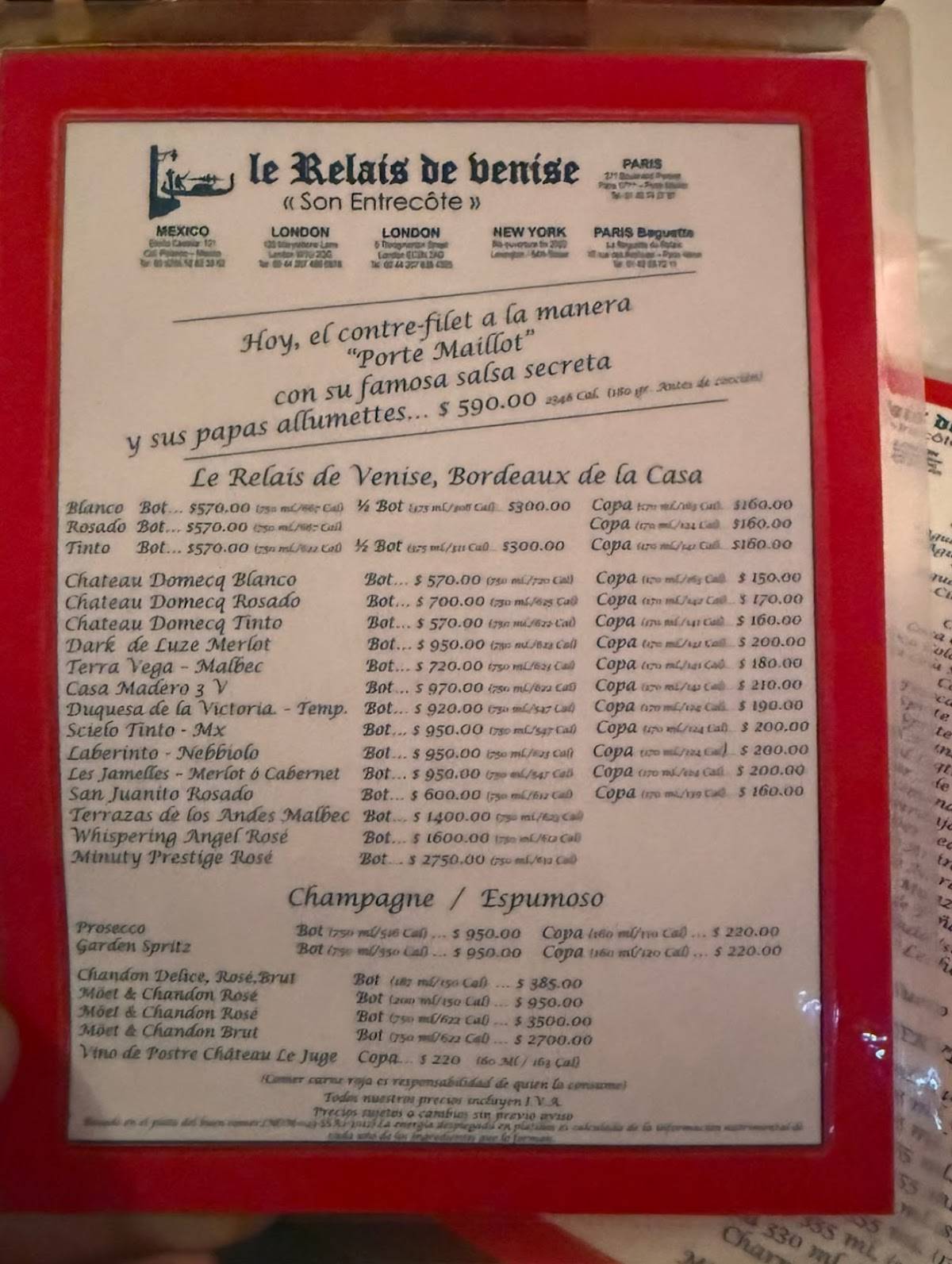 Carta del restaurante L'Entrecote - Le Relais del Venise, Ciudad López ...