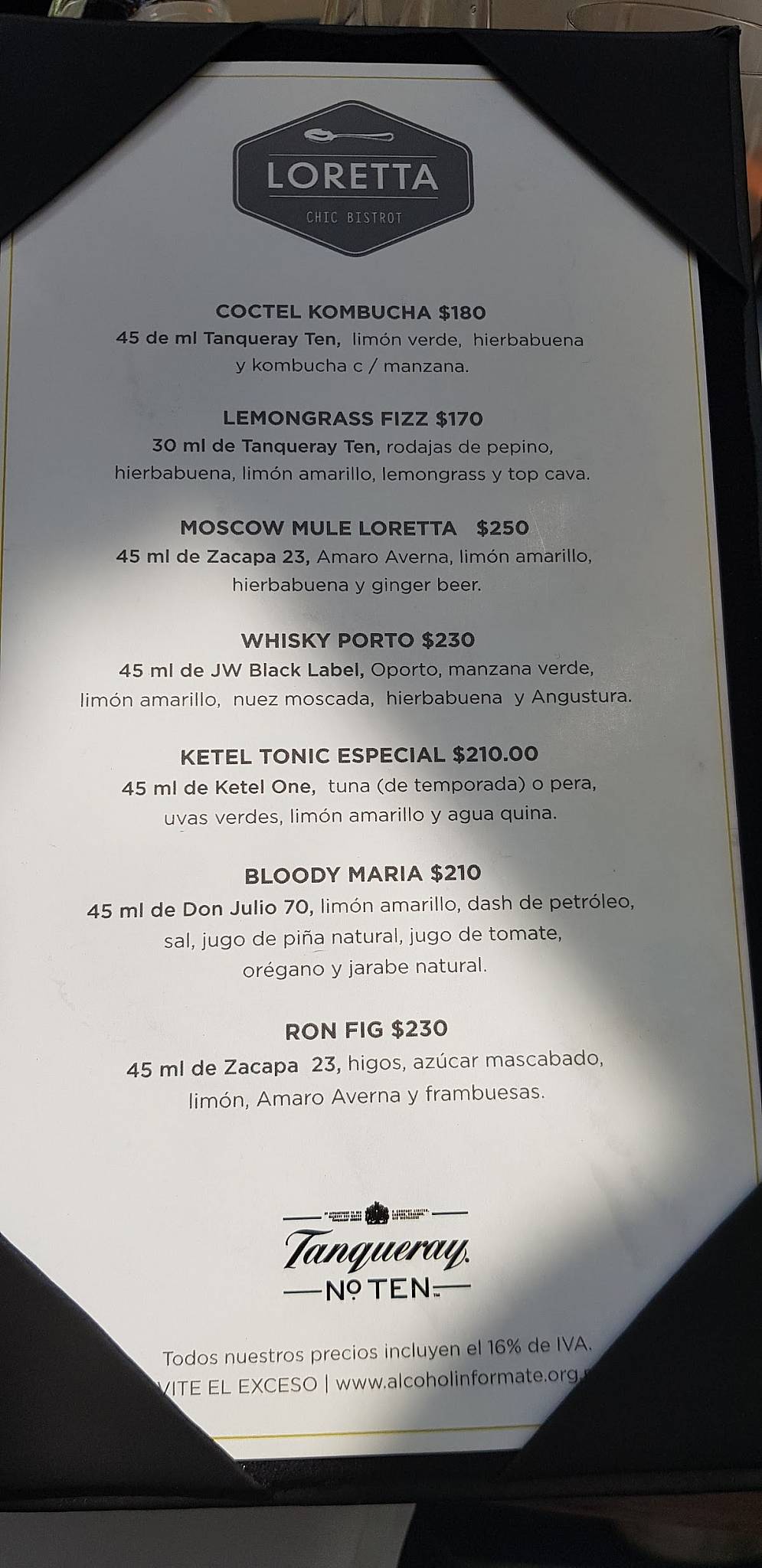 Carta del restaurante Loretta Chic Bistrot, Ciudad López Mateos