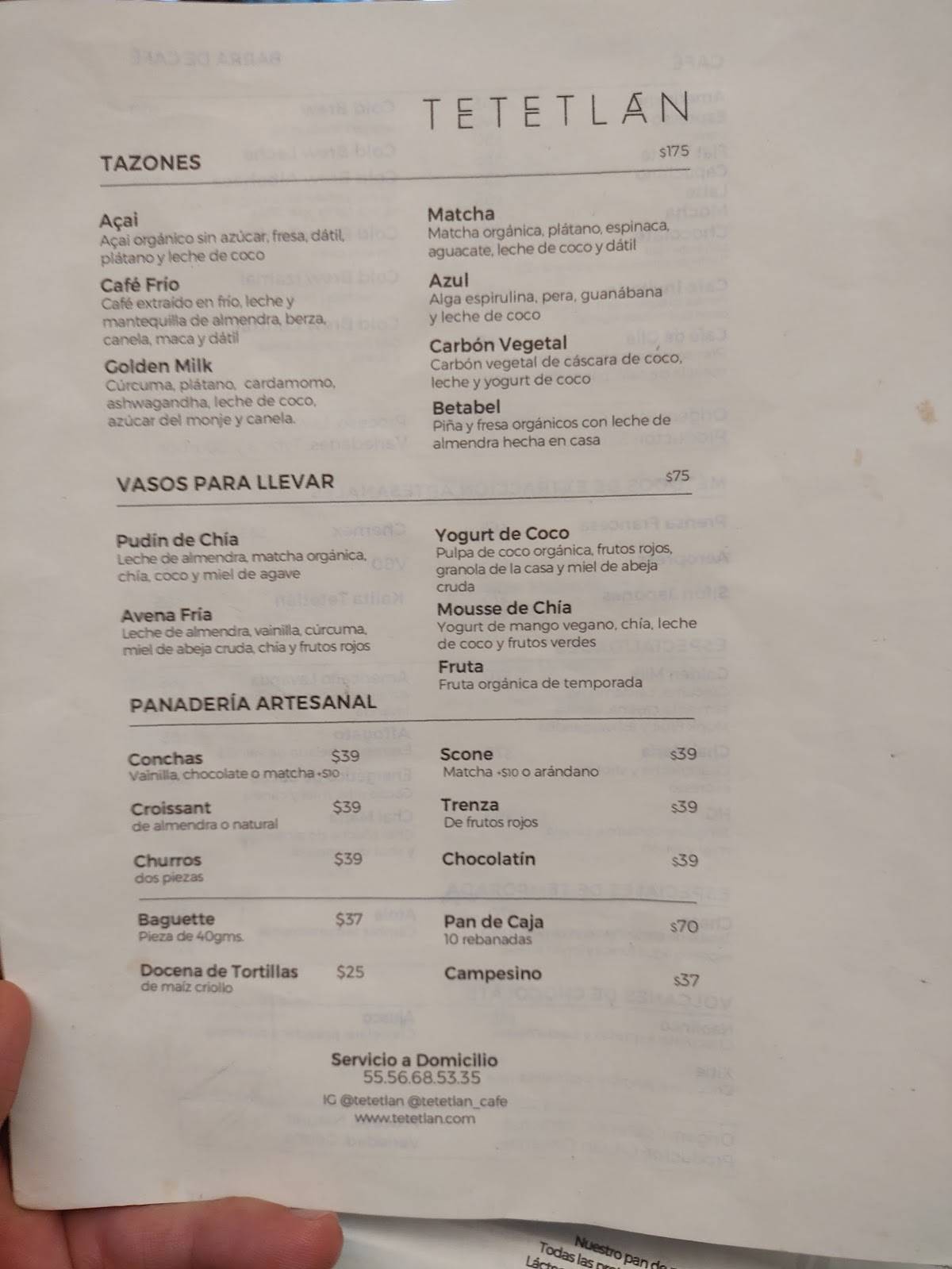 Carta del restaurante Tetetlán, Ciudad del México