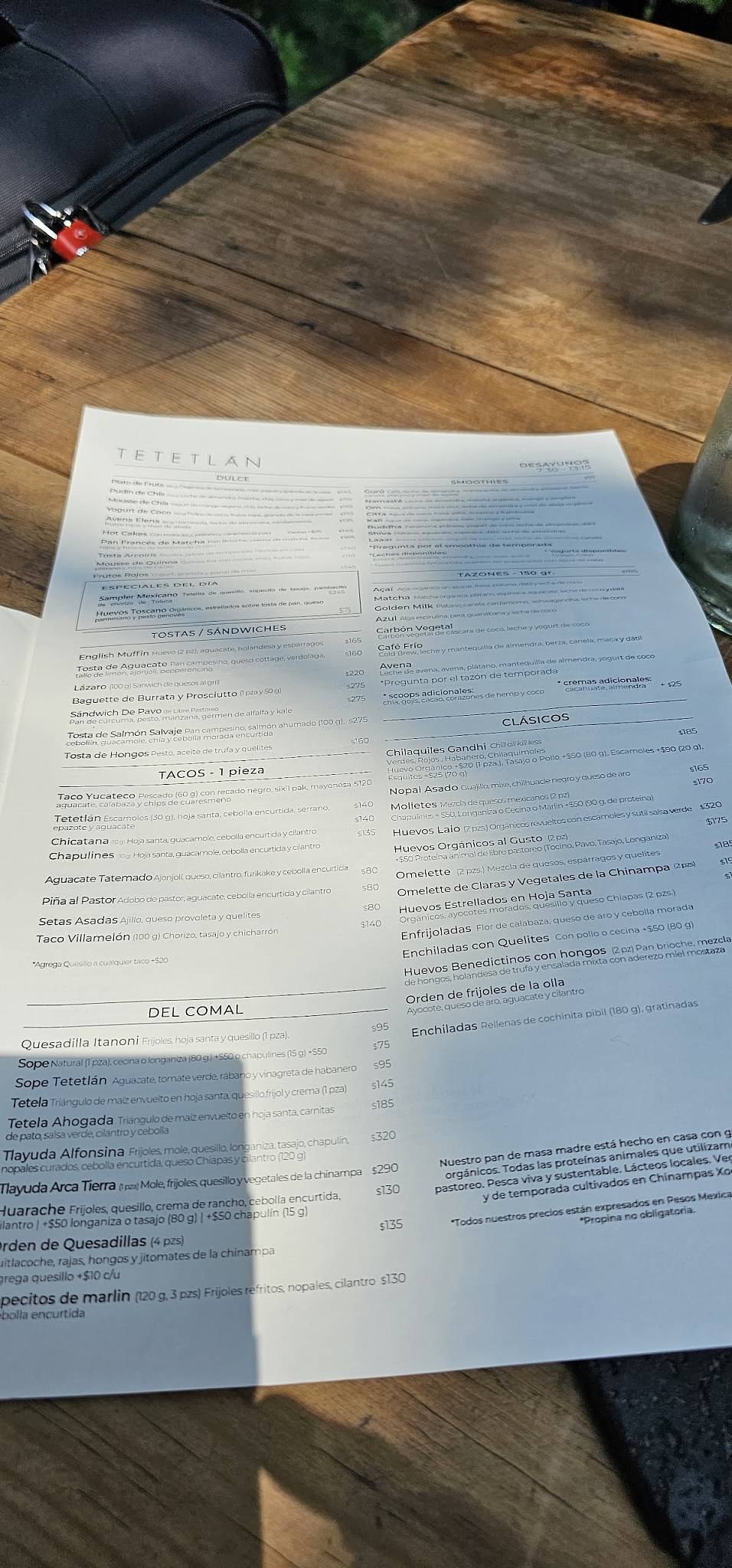 Carta del restaurante Tetetlán, Ciudad del México