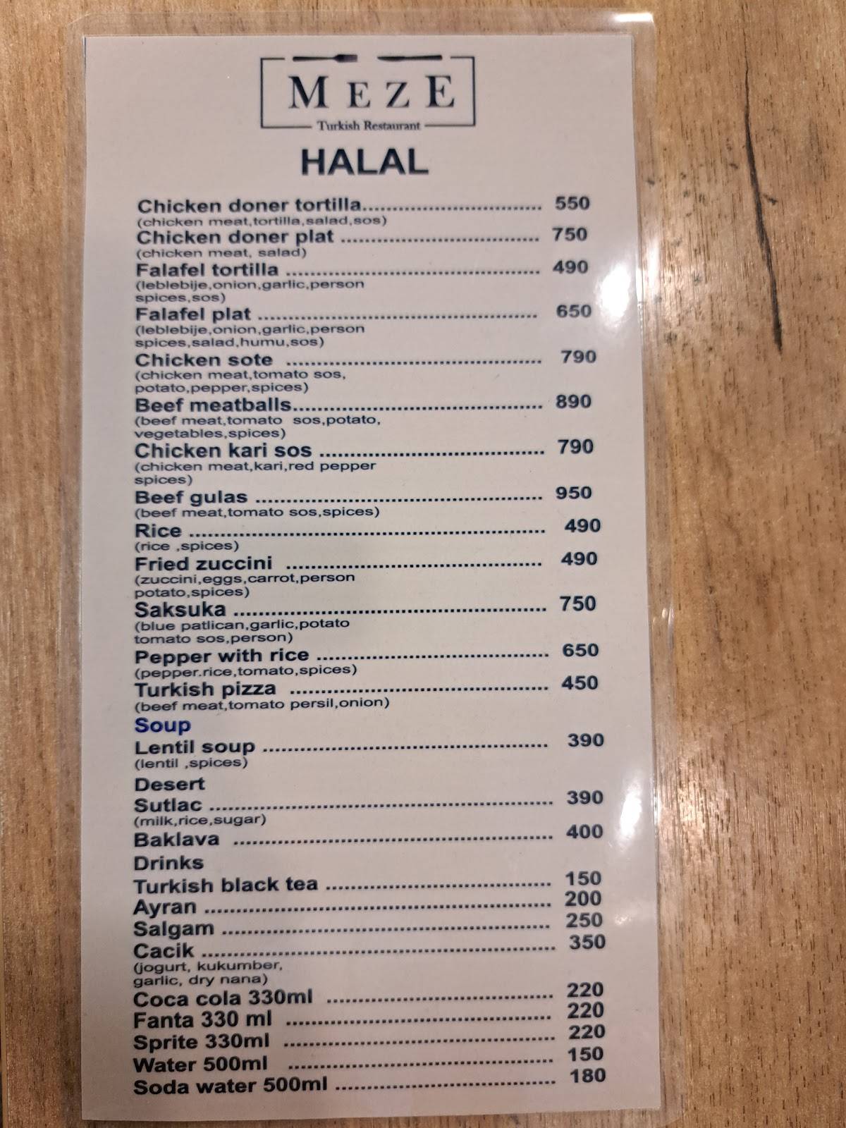 Menu au Meze Turkish Restaurant HALAL, Belgrade