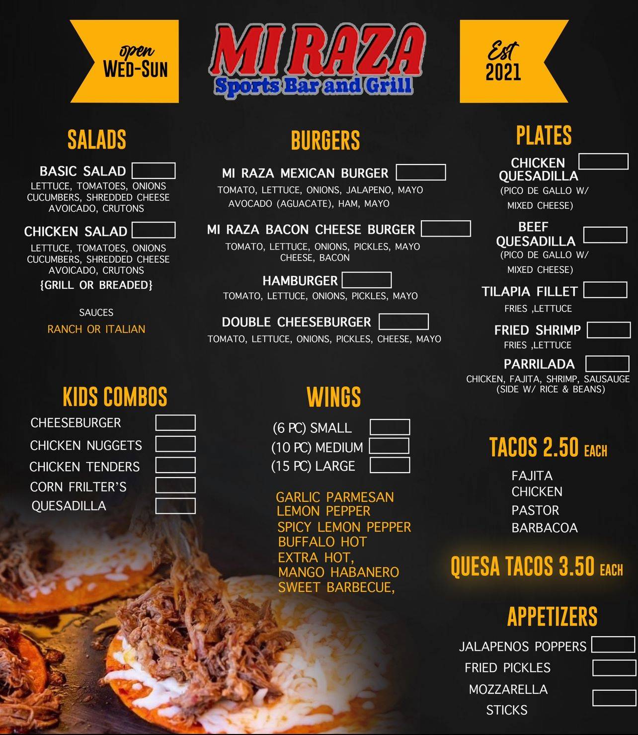 Menu at Mi Raza Sports Bar & Grill, Grand Prairie
