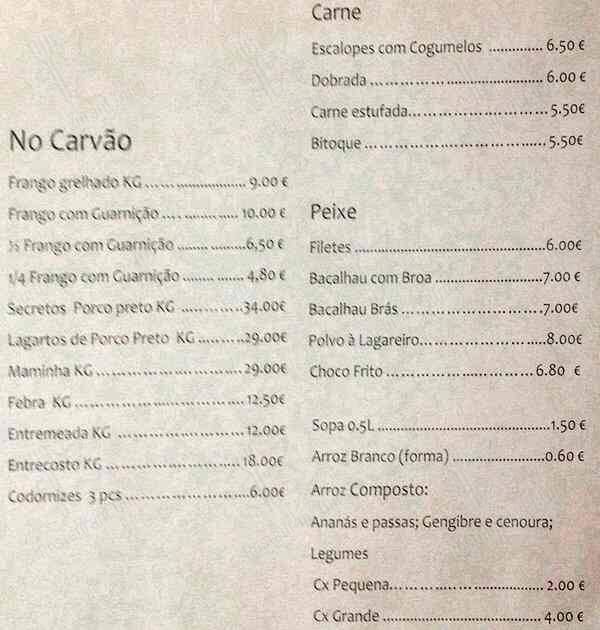 Menu em Micas restaurante, Setúbal, rua antonio Jose Batista loja 104