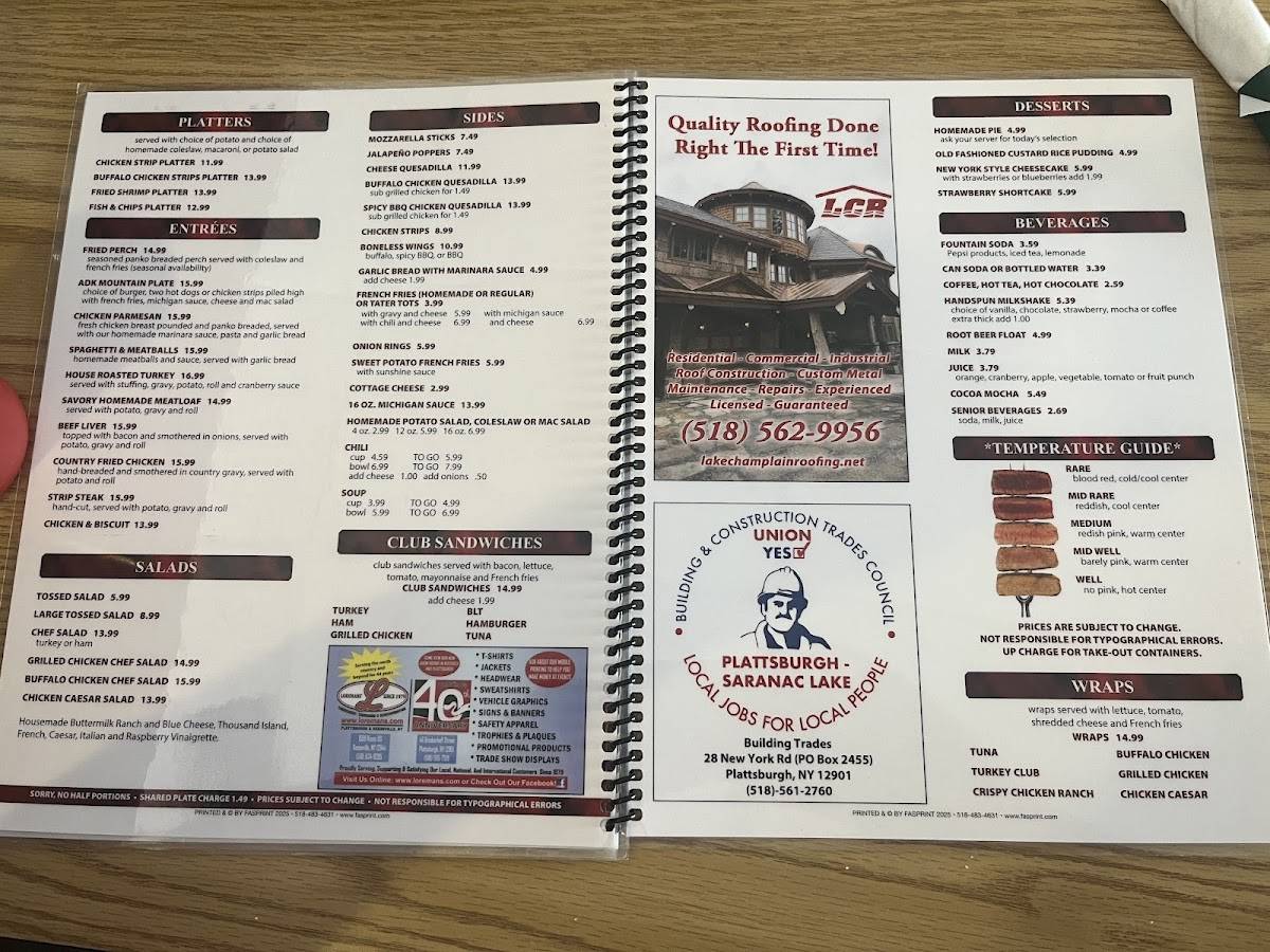 Menu at Michigans Plus restaurant, Plattsburgh