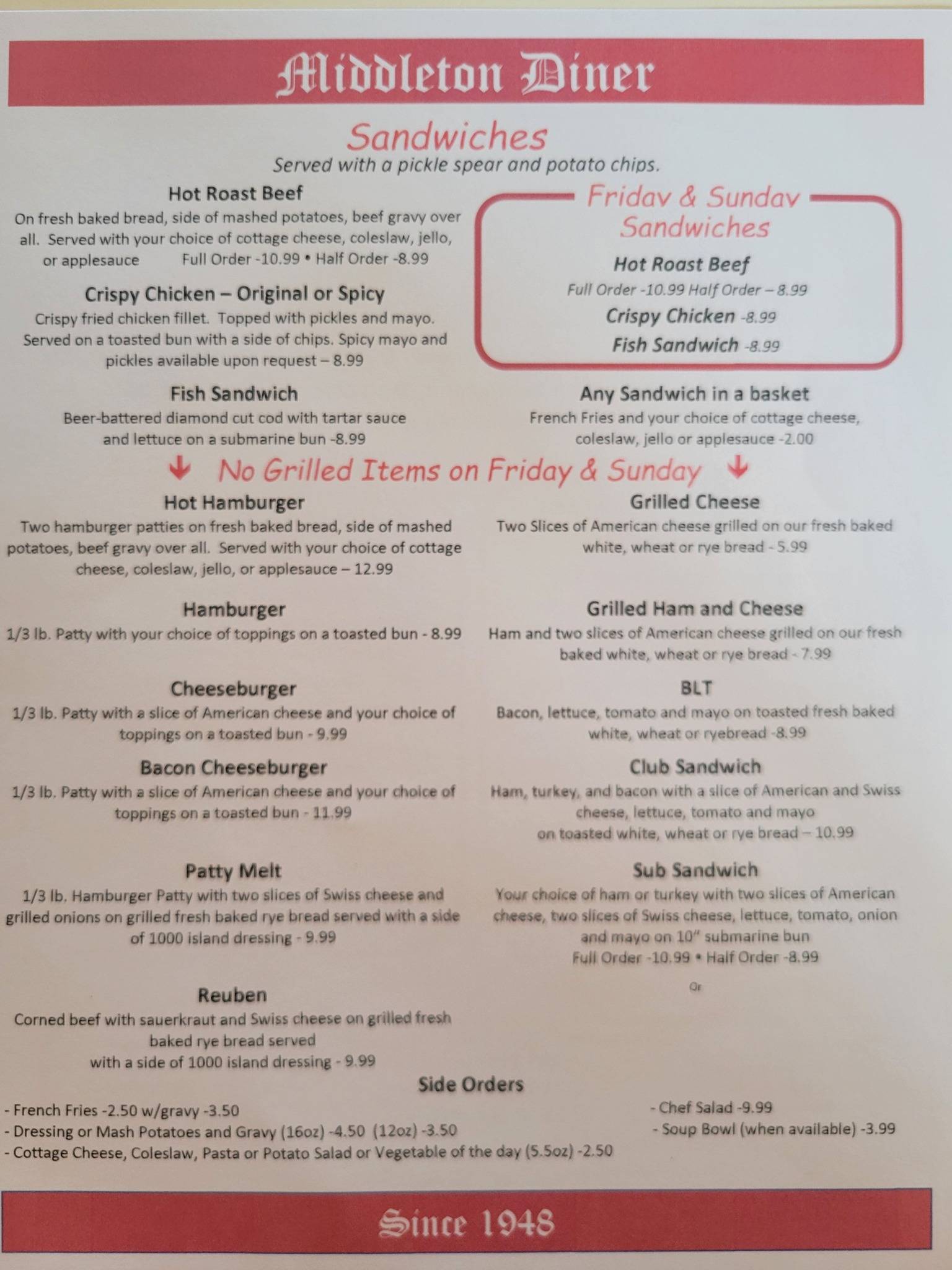 Menu at Middleton Diner restaurant, Middleton