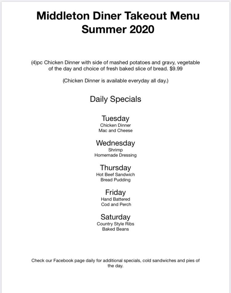Menu at Middleton Diner restaurant, Middleton