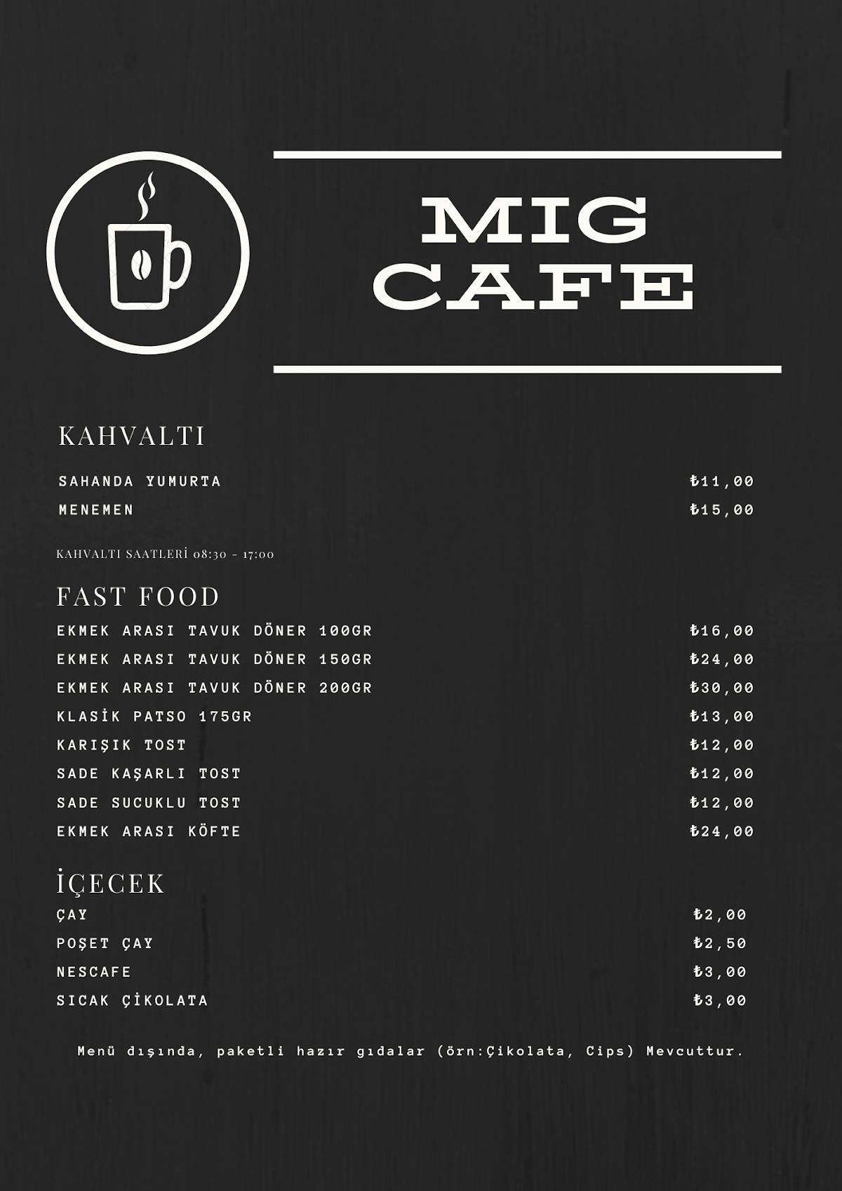 Menu at Mig Cafe, Kemer