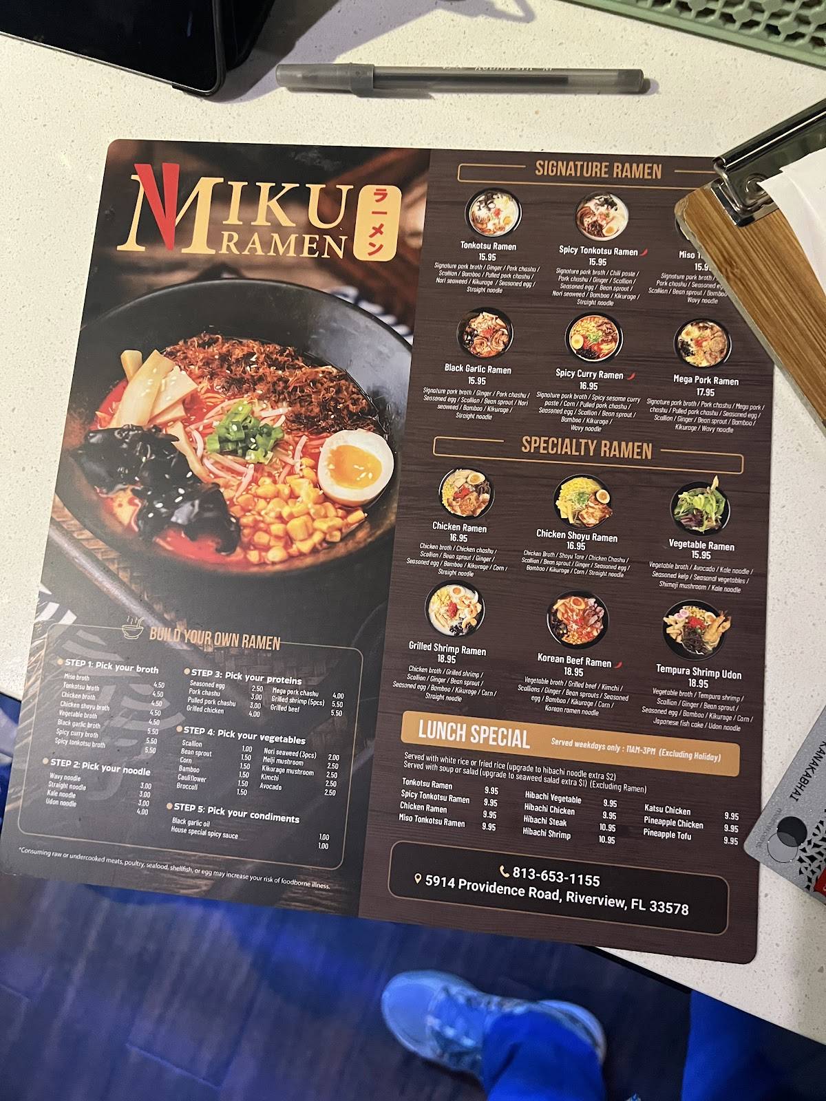 Menu at Miku Ramen & Kung Fu Tea restaurant, Riverview