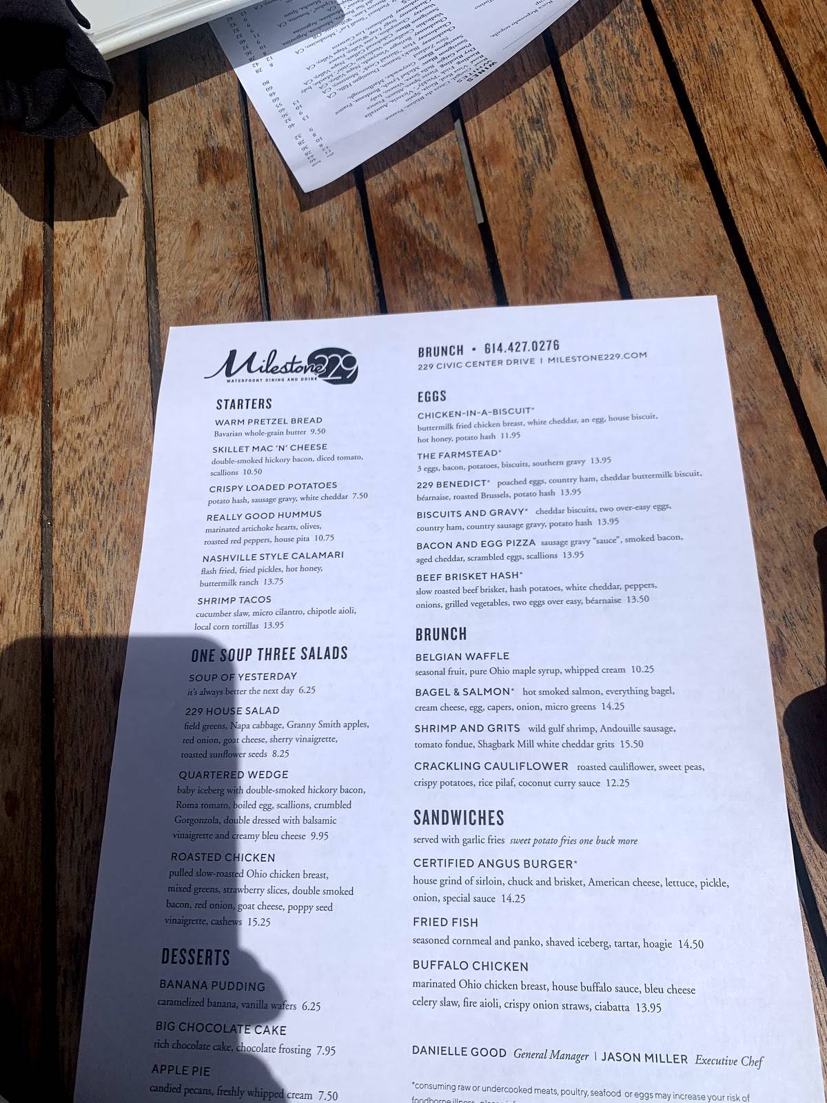 Menu at Milestone 229 restaurant, Columbus