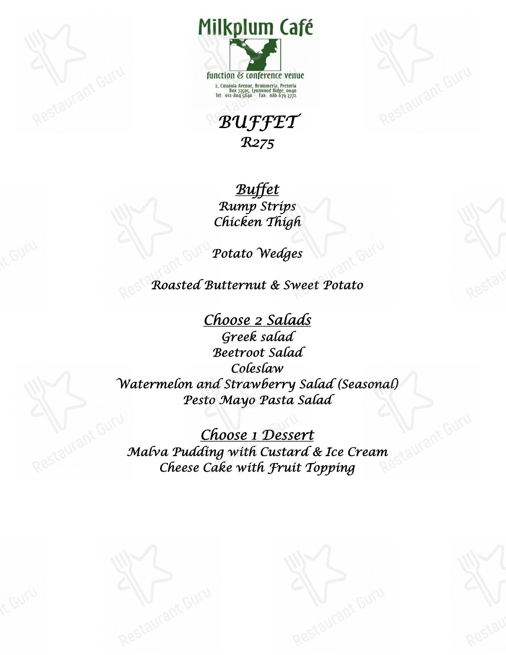 Menu at Milkplum Cafe, Pretoria, 2 Cussonia Ave