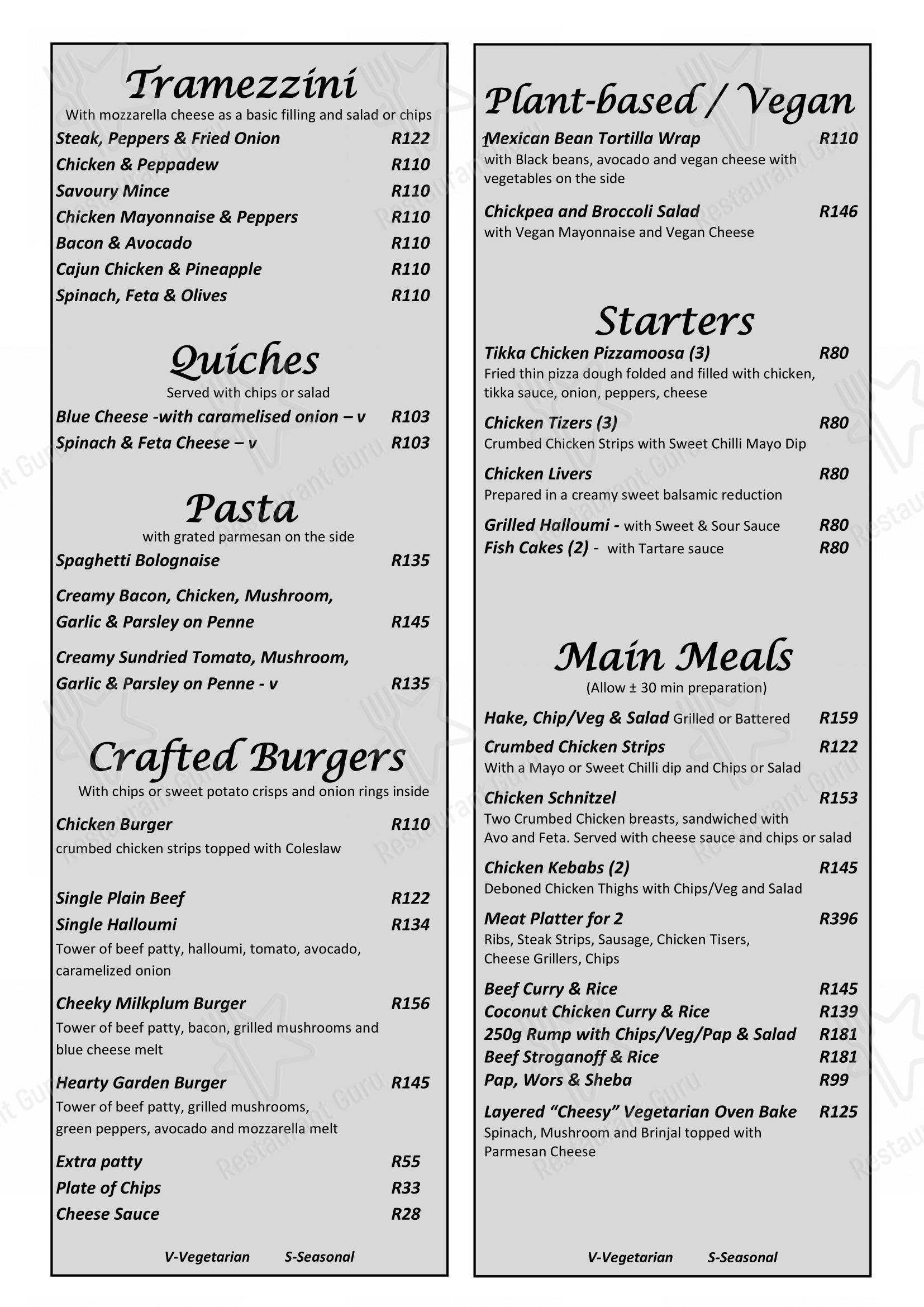 Menu at Milkplum Cafe, Pretoria, 2 Cussonia Ave