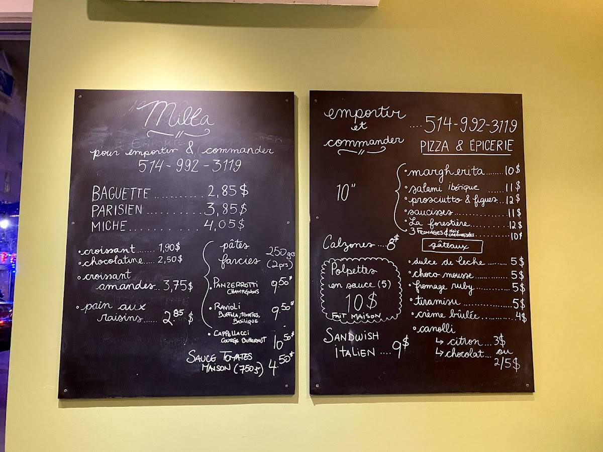 Menu au Milla Bistro restaurant, Montréal