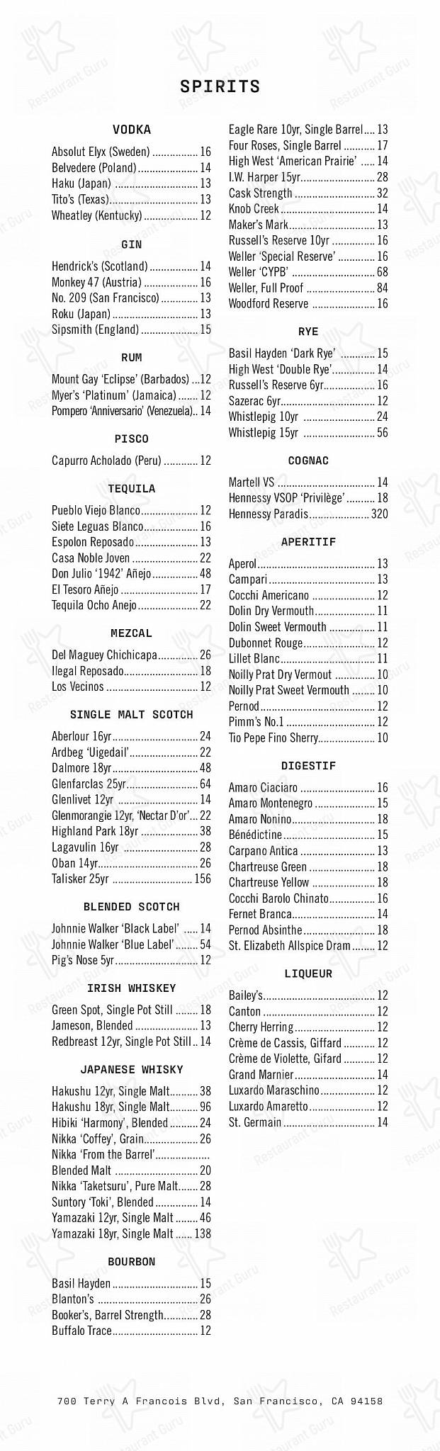 Menu at Miller & Lux Restaurant, San Francisco