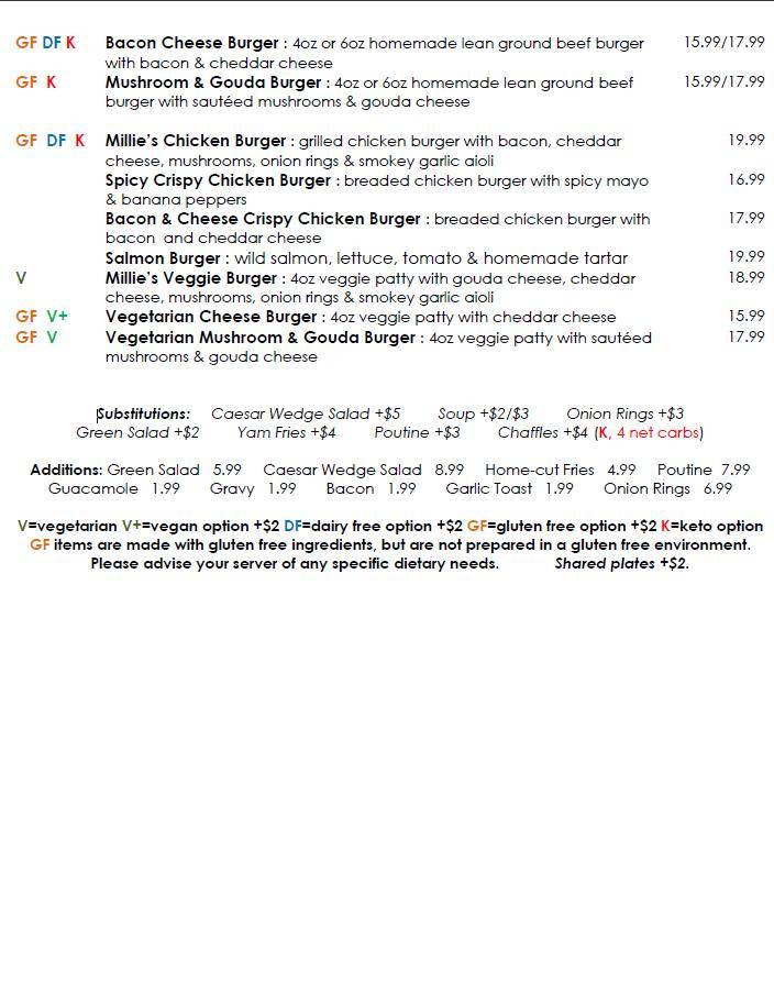 Menu at Millie's Kitchen restaurant, Lumby
