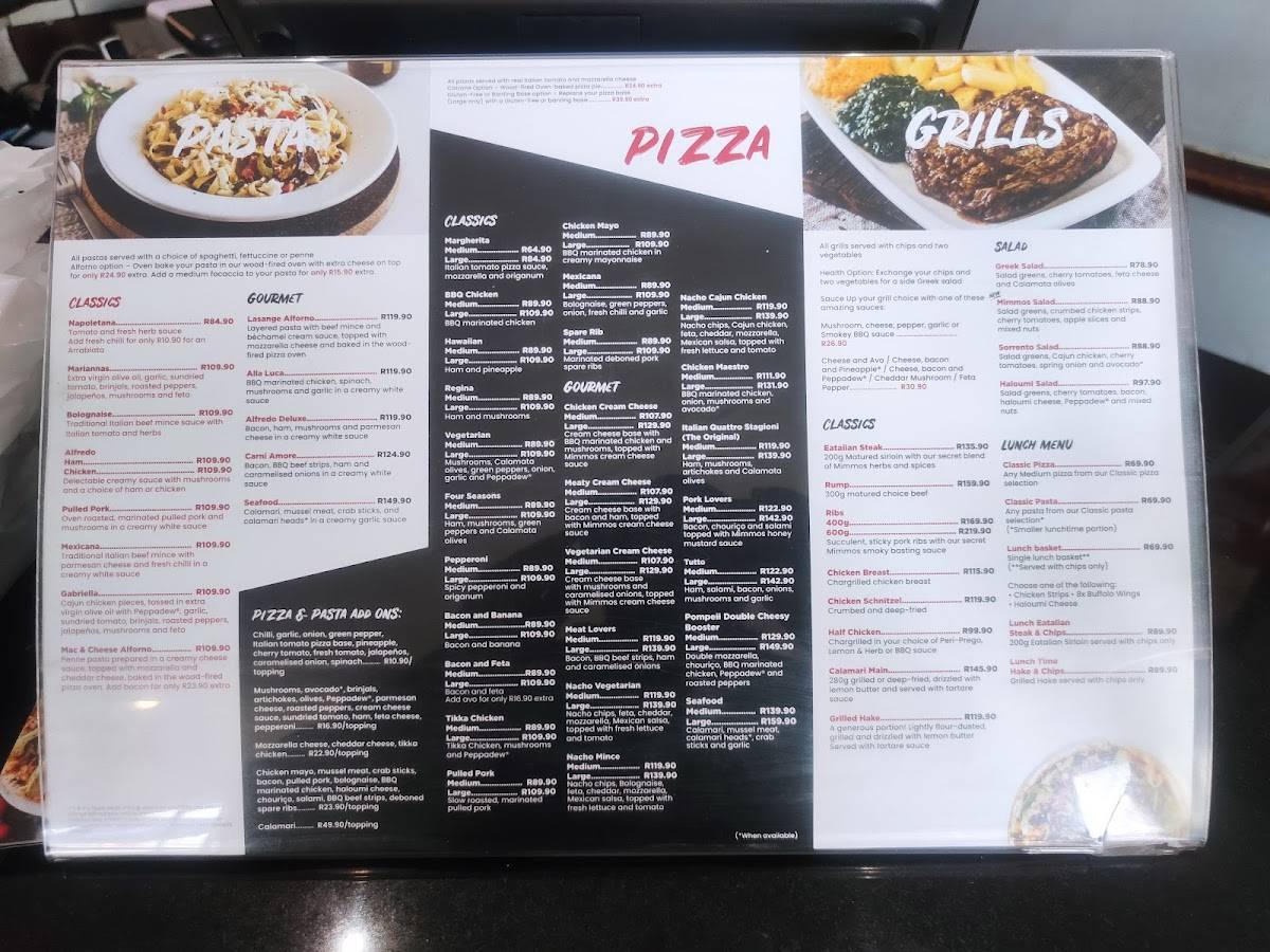 Menu at Mimmos Moreleta Square restaurant, Pretoria, Shop Number 1