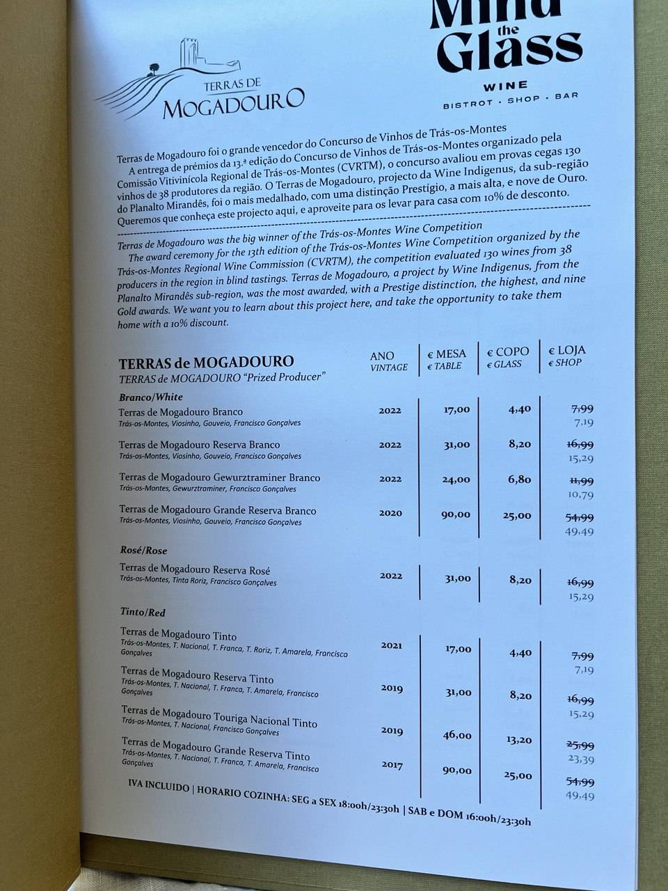 Menu em Mind the Glass pub & Bar, Porto